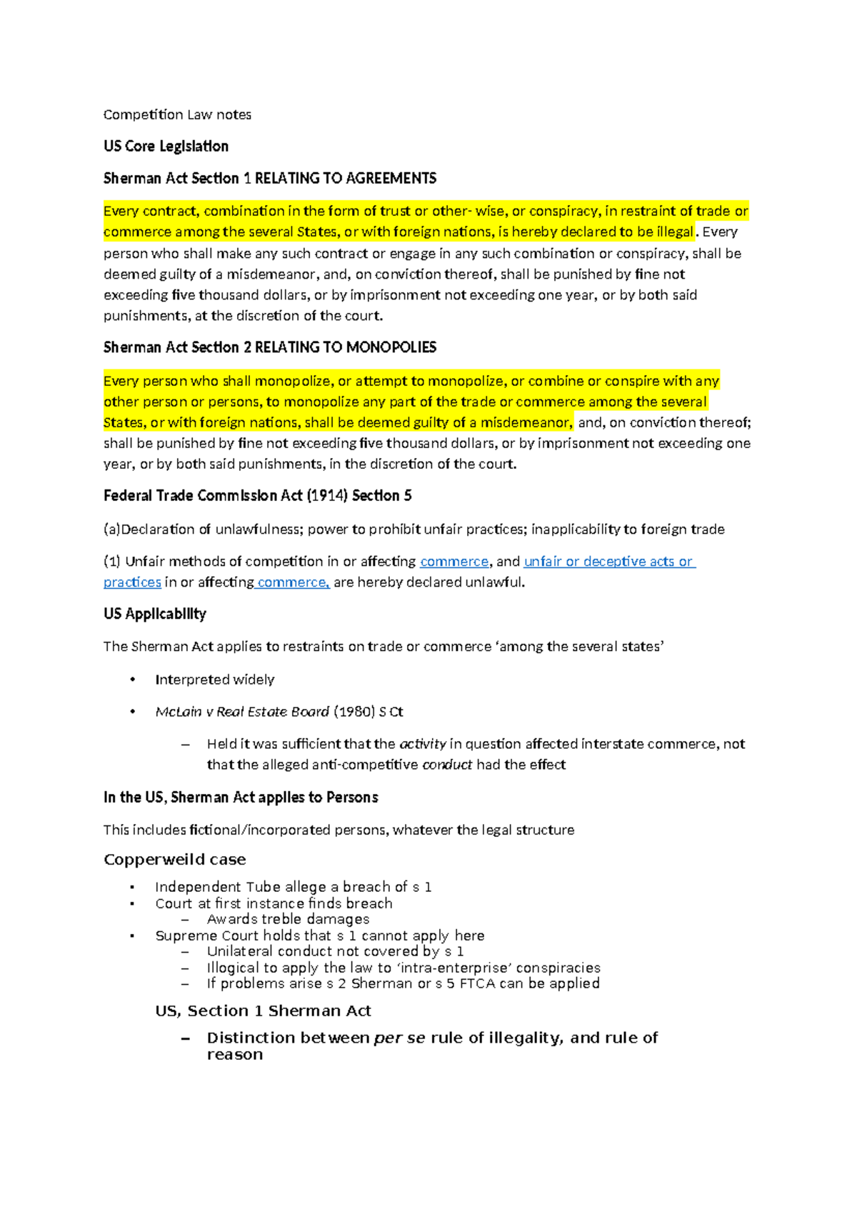 Competition Exam US notes - Competition Law notes US Core Legislation ...