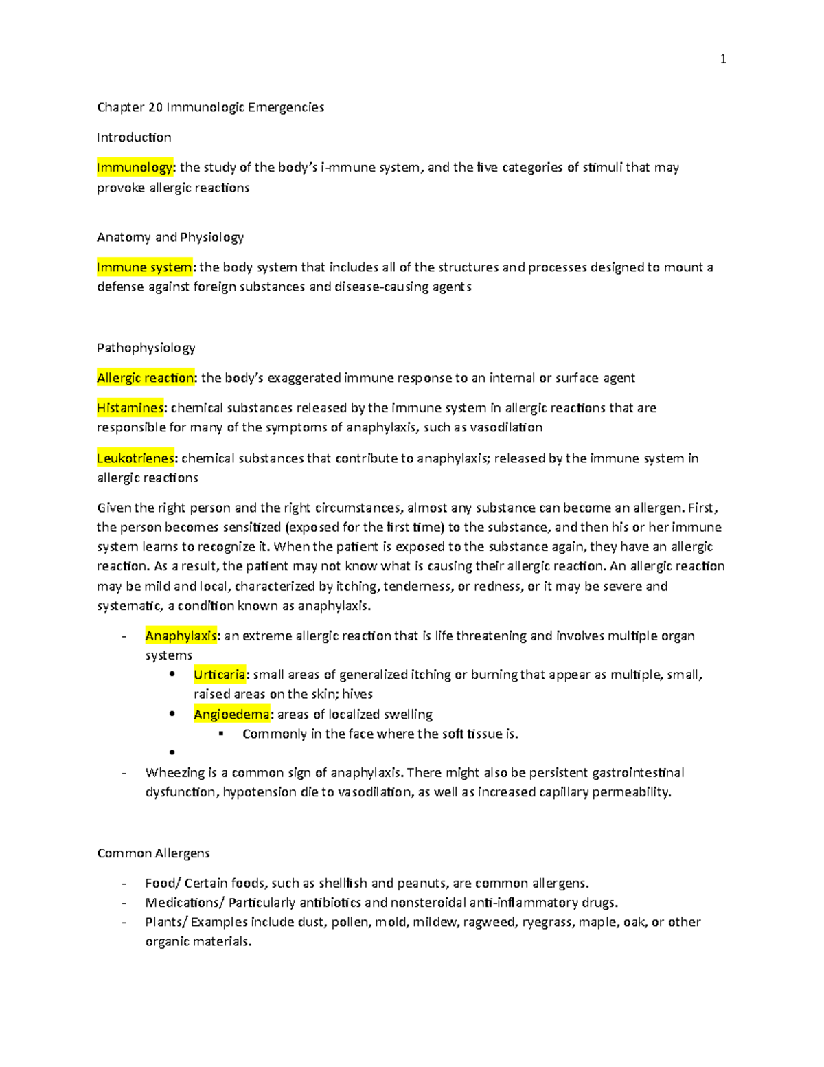 Chapter 20 Immunologic Emergencies - 1 Chapter 20 Immunologic ...