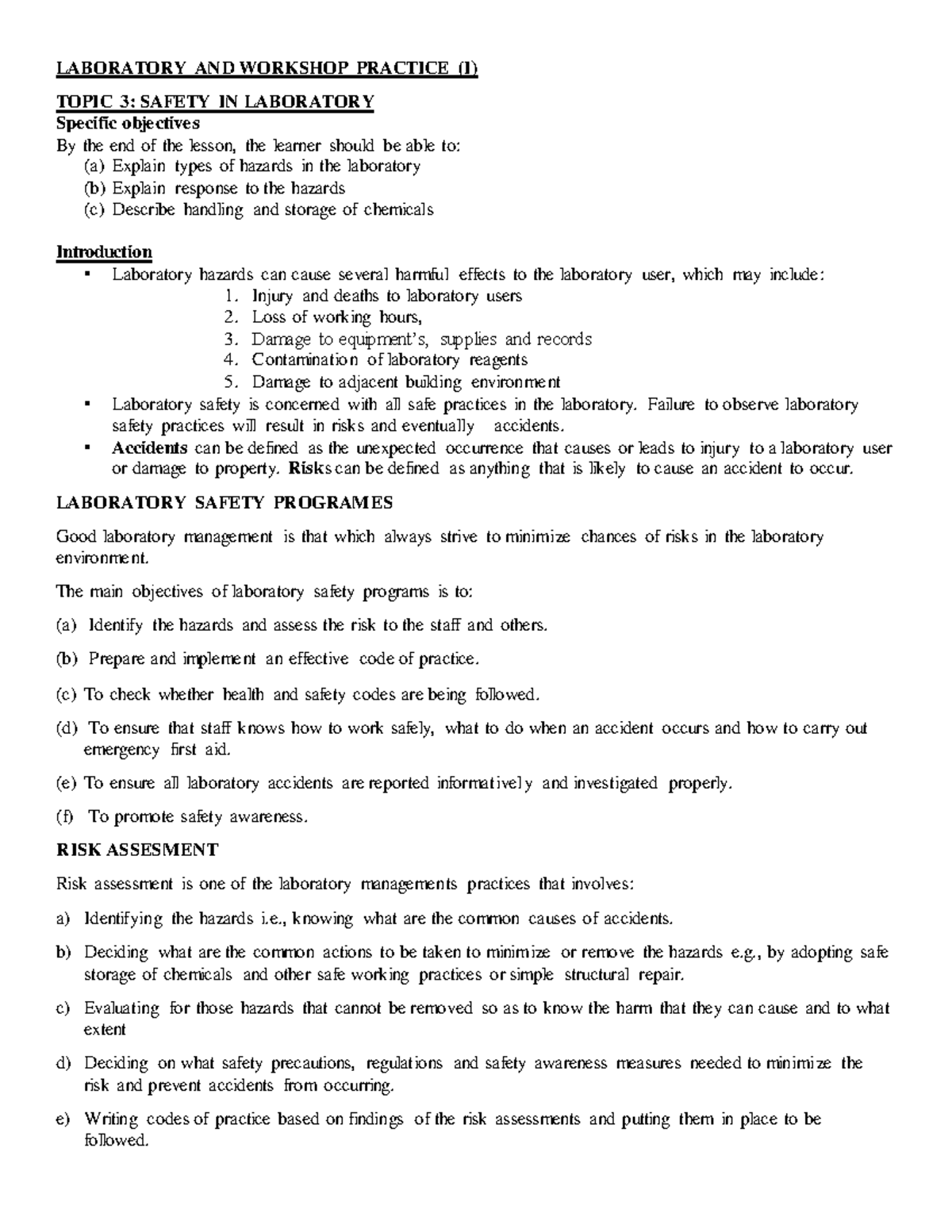 Topic 3 Safety in Laboratory notes-1 - LABORATORY AND WORKSHOP PRACTICE ...