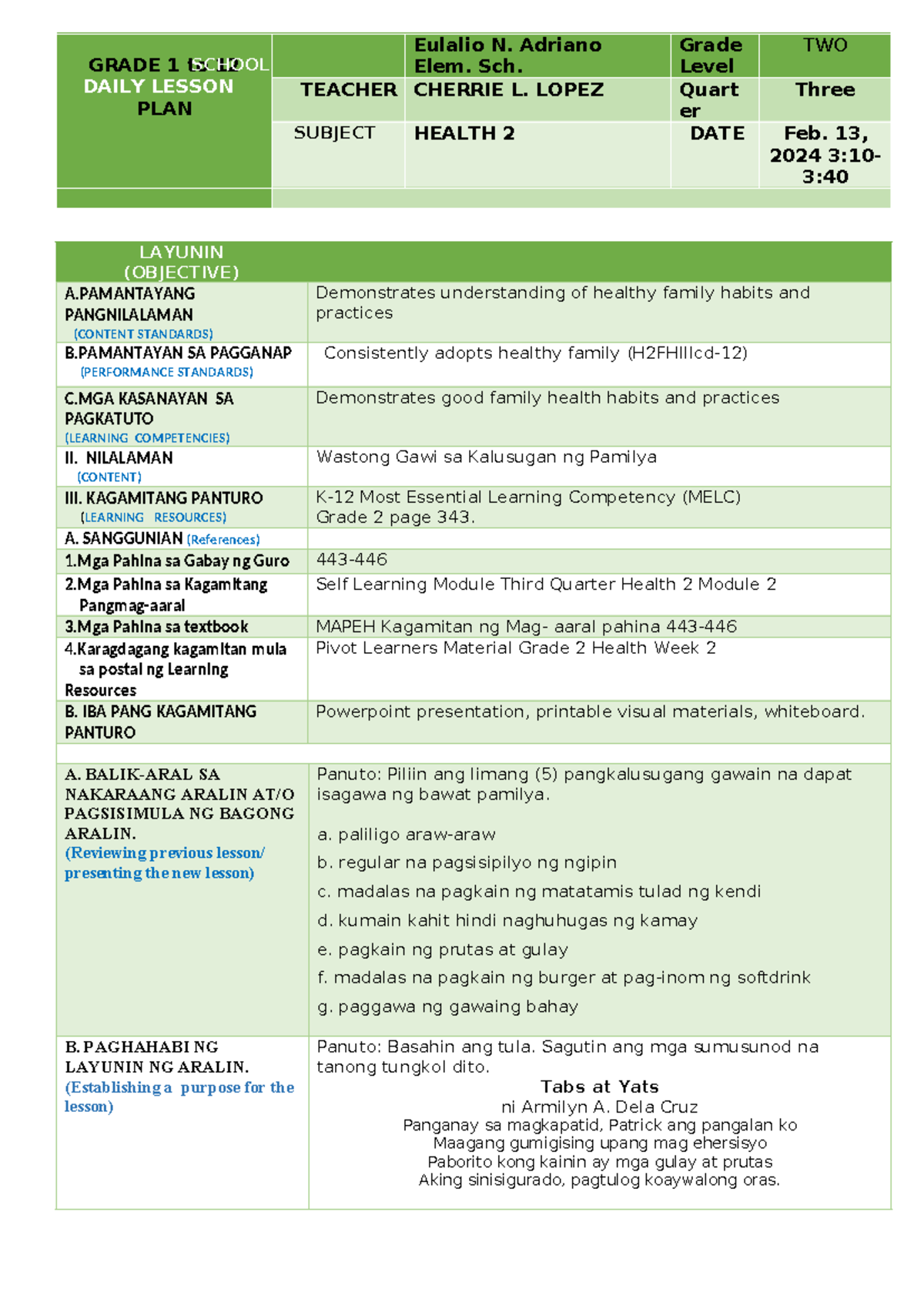 3rd COT Health - GRADE 1 to 12 DAILY LESSON PLAN SCHOOL Eulalio N ...