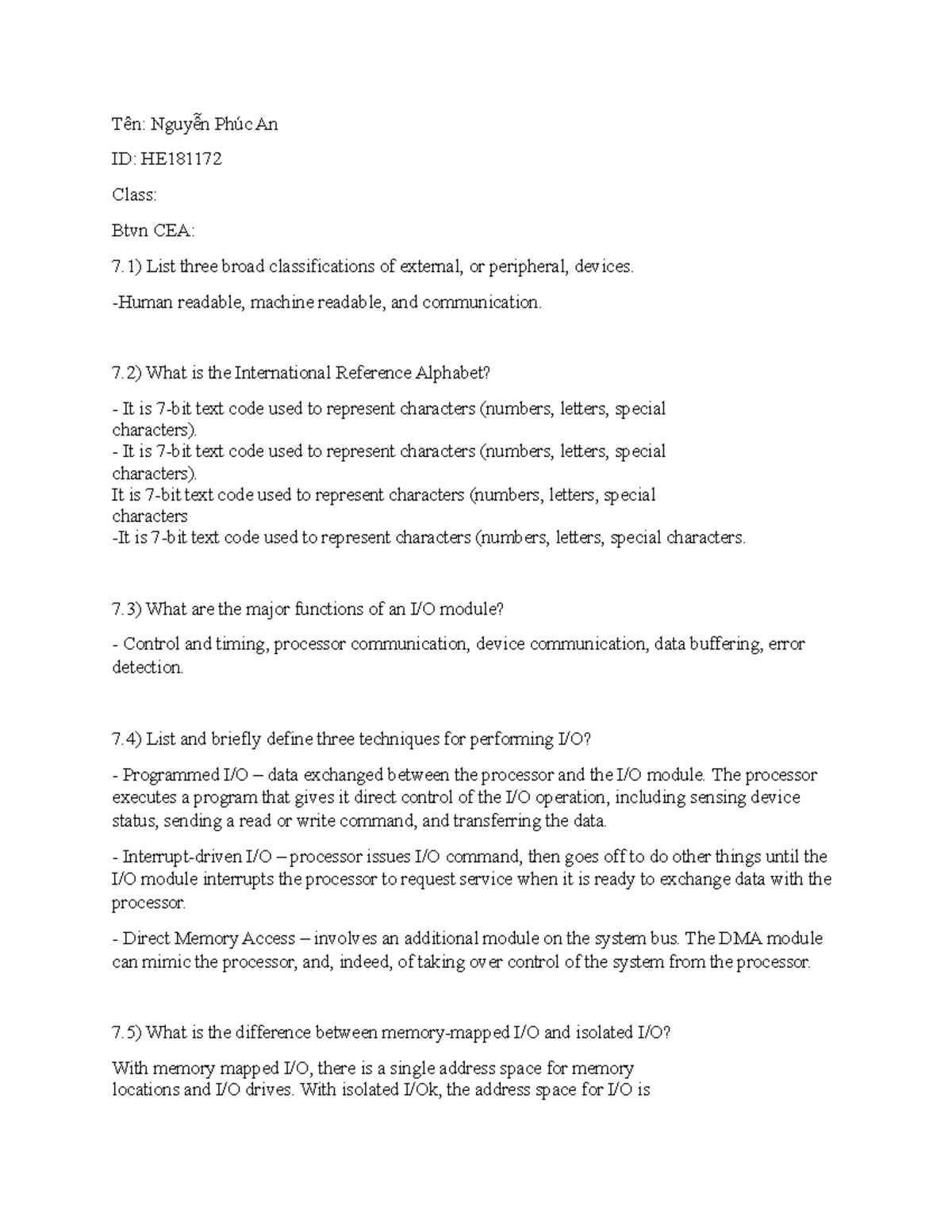 BTVN CEA - bruhh - Tên: Nguyễn Phúc An ID: HE Class: Btvn CEA: List three broad classifications ...