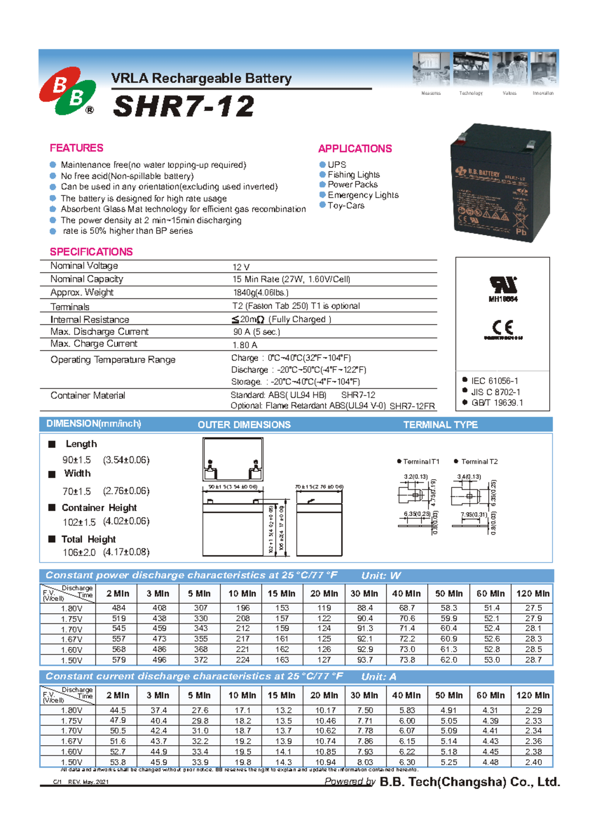 SHR7-12 - Nominal Voltage Nominal Capacity Terminals Charge：0 C o ~40 C(32 Fo o ~104 F)o - Studocu