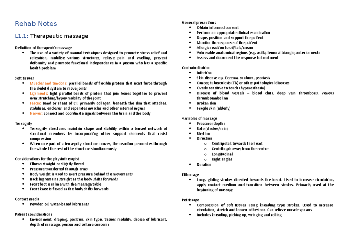 Rehab notes S2 - Rehab Notes L1: Therapeutic massage Definition of ...