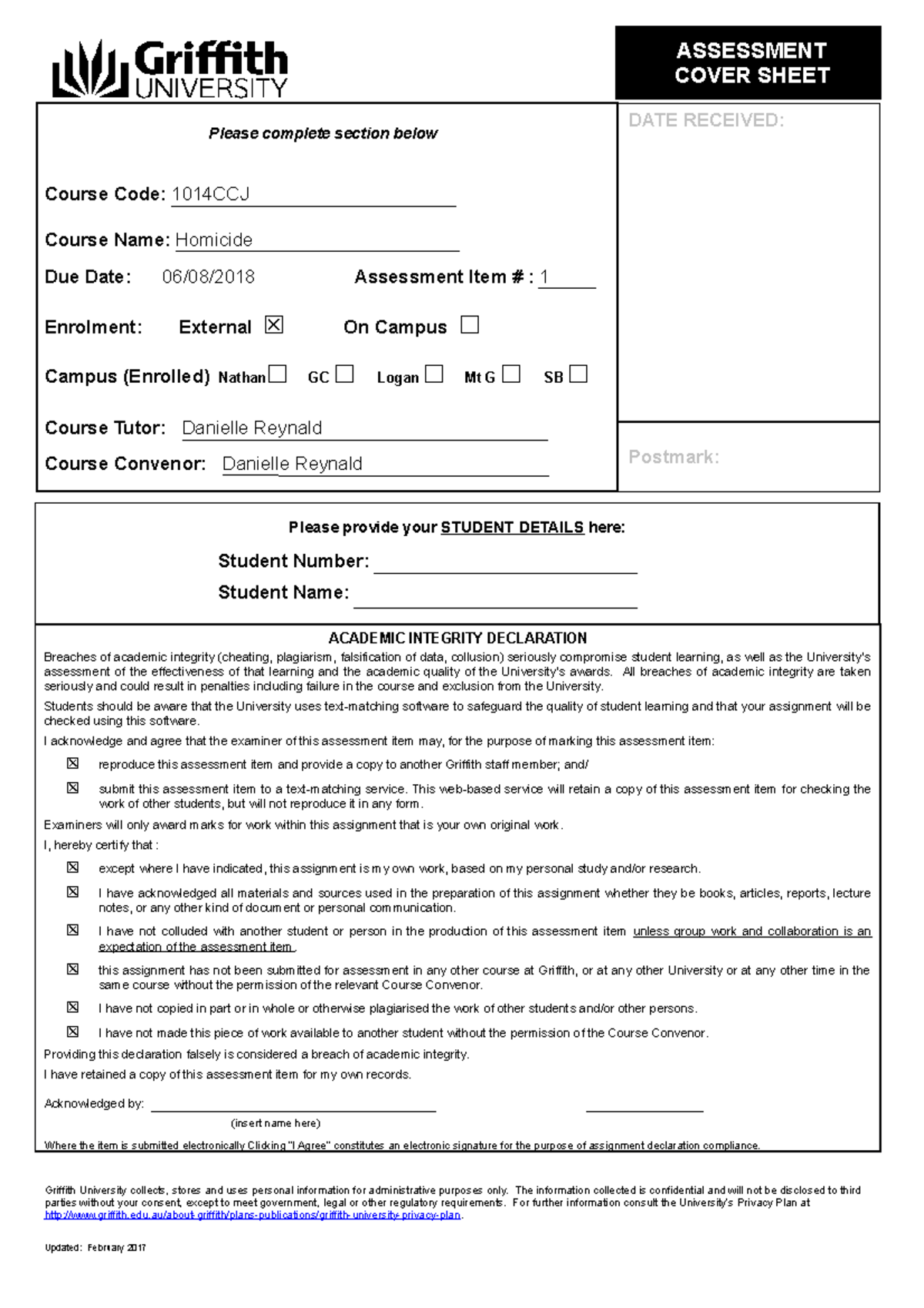 Homicide Case Study - ASSESSMENT COVER SHEET Please complete section ...
