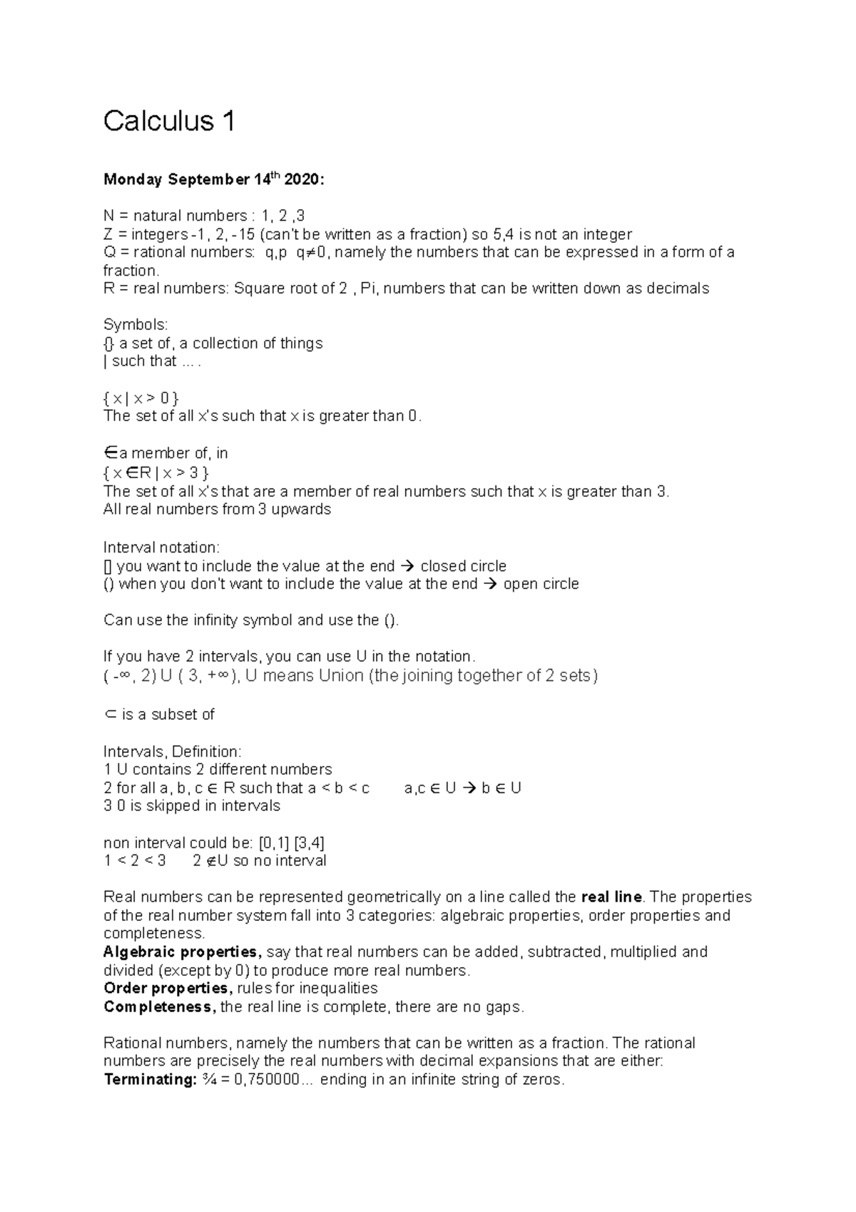 Calculus 1 - Lecture notes 1,7 - Calculus 1 Monday September 14th 2020 ...