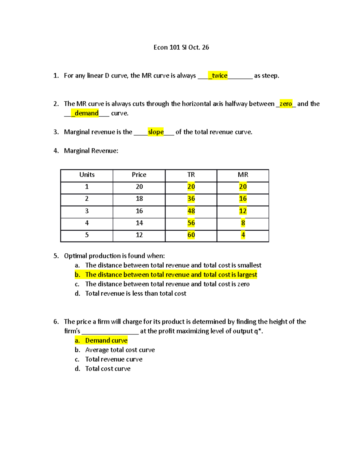 SI oct 26 KEY - practice problems on marginal cost and marginal revenue ...