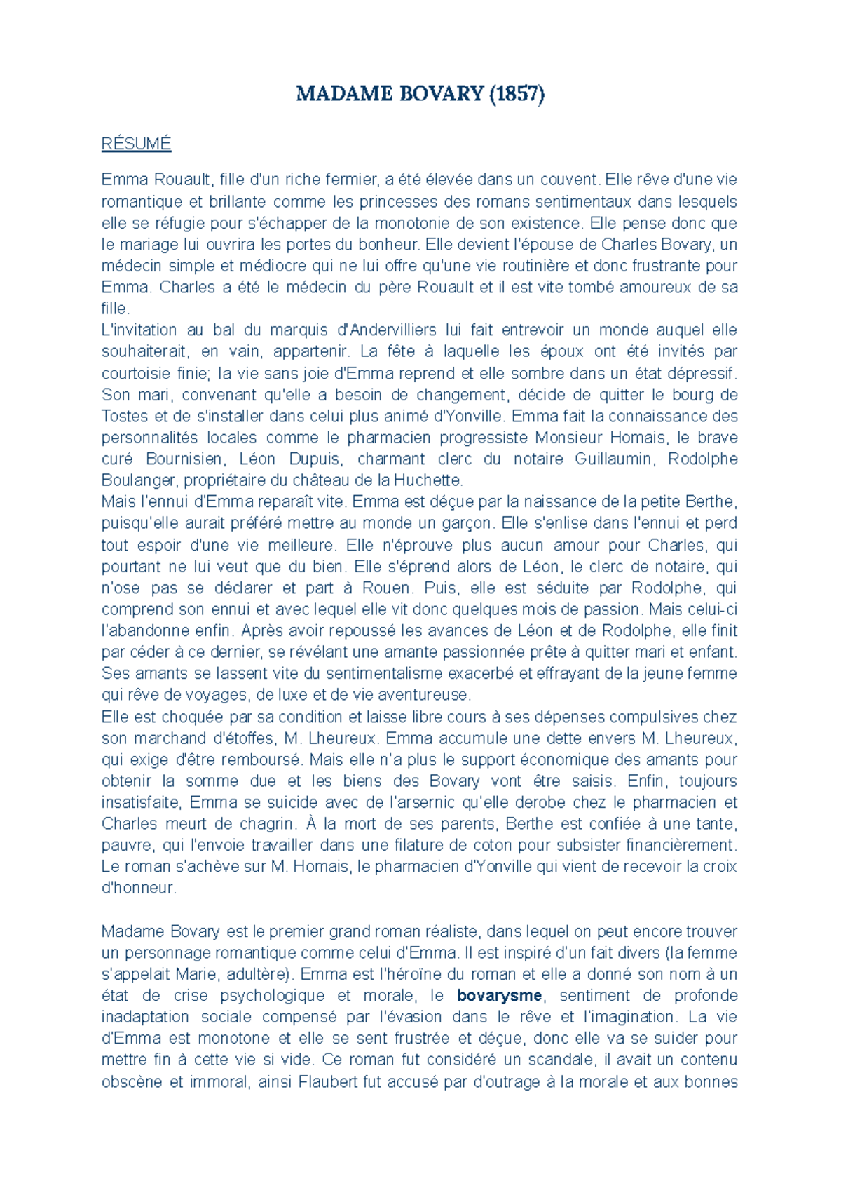 Madame Bovary résumé - MADAME BOVARY (1857) RÉSUMÉ Emma Rouault, fille ...