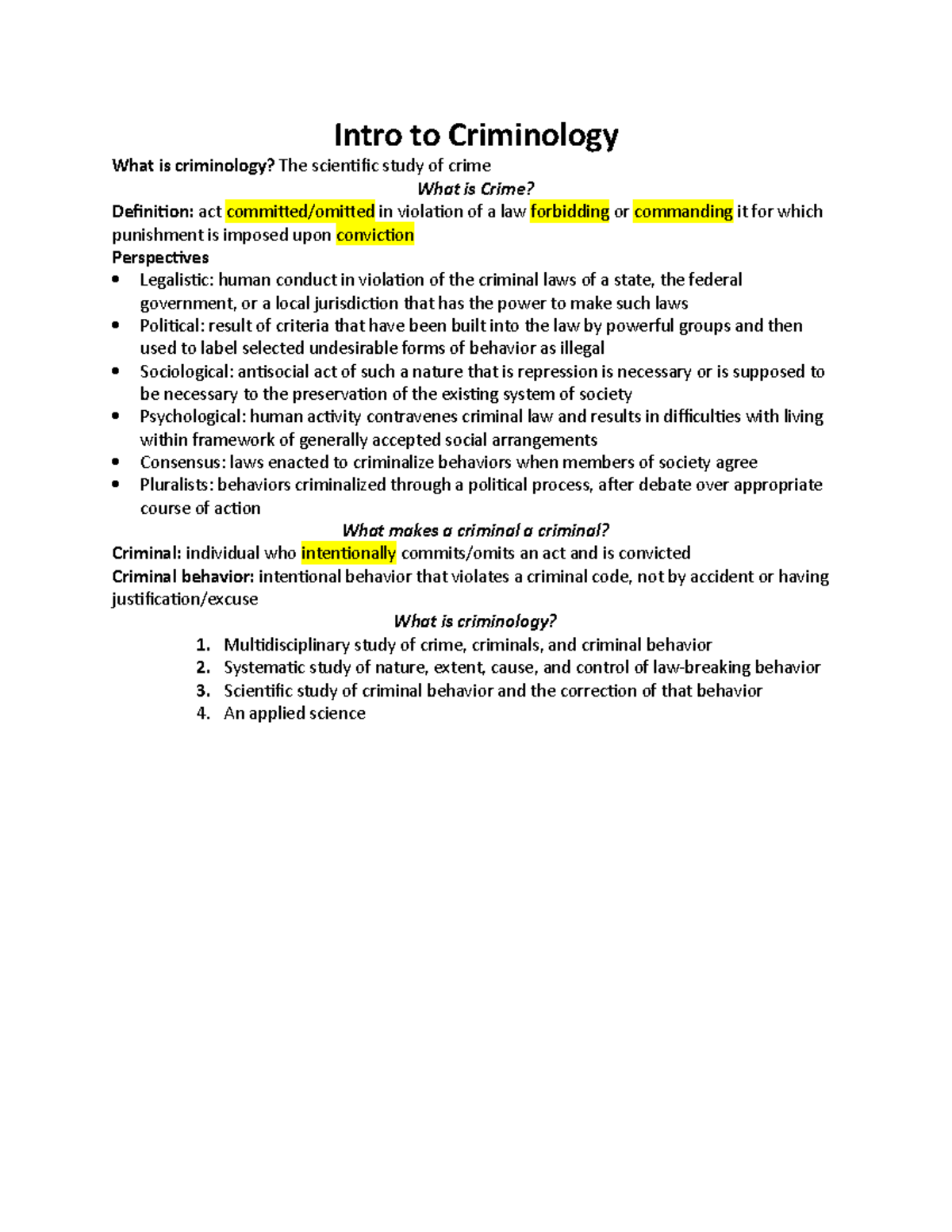 Intro to Criminology - Lecture notes 1 - Intro to Criminology What is ...