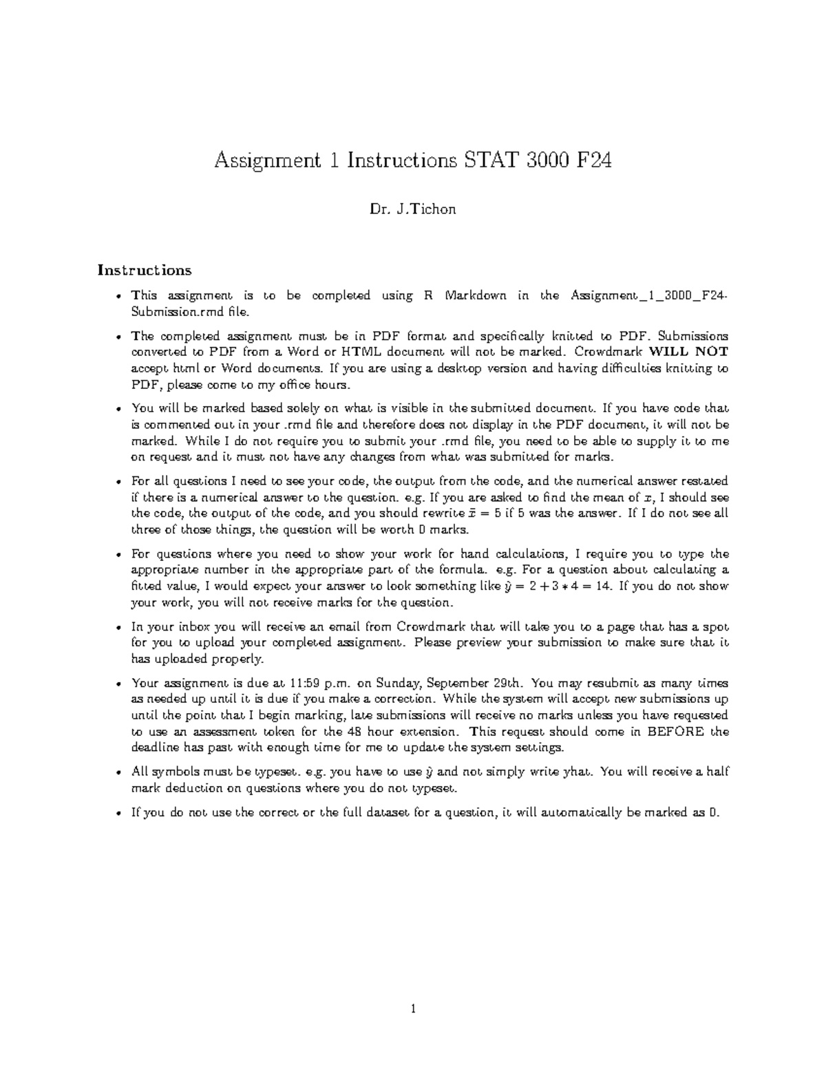 Assignment 1 3000 F24 Instructions Assignment 1 Instructions Stat 3000 F Dr J Instructions 