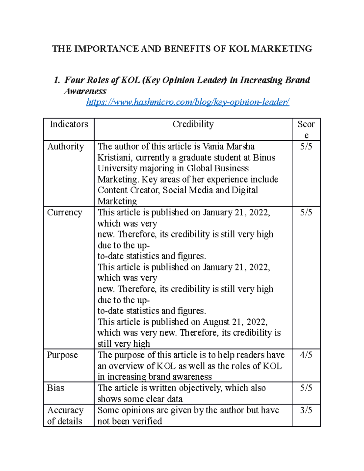 Homework - bài tập critical - THE IMPORTANCE AND BENEFITS OF KOL ...