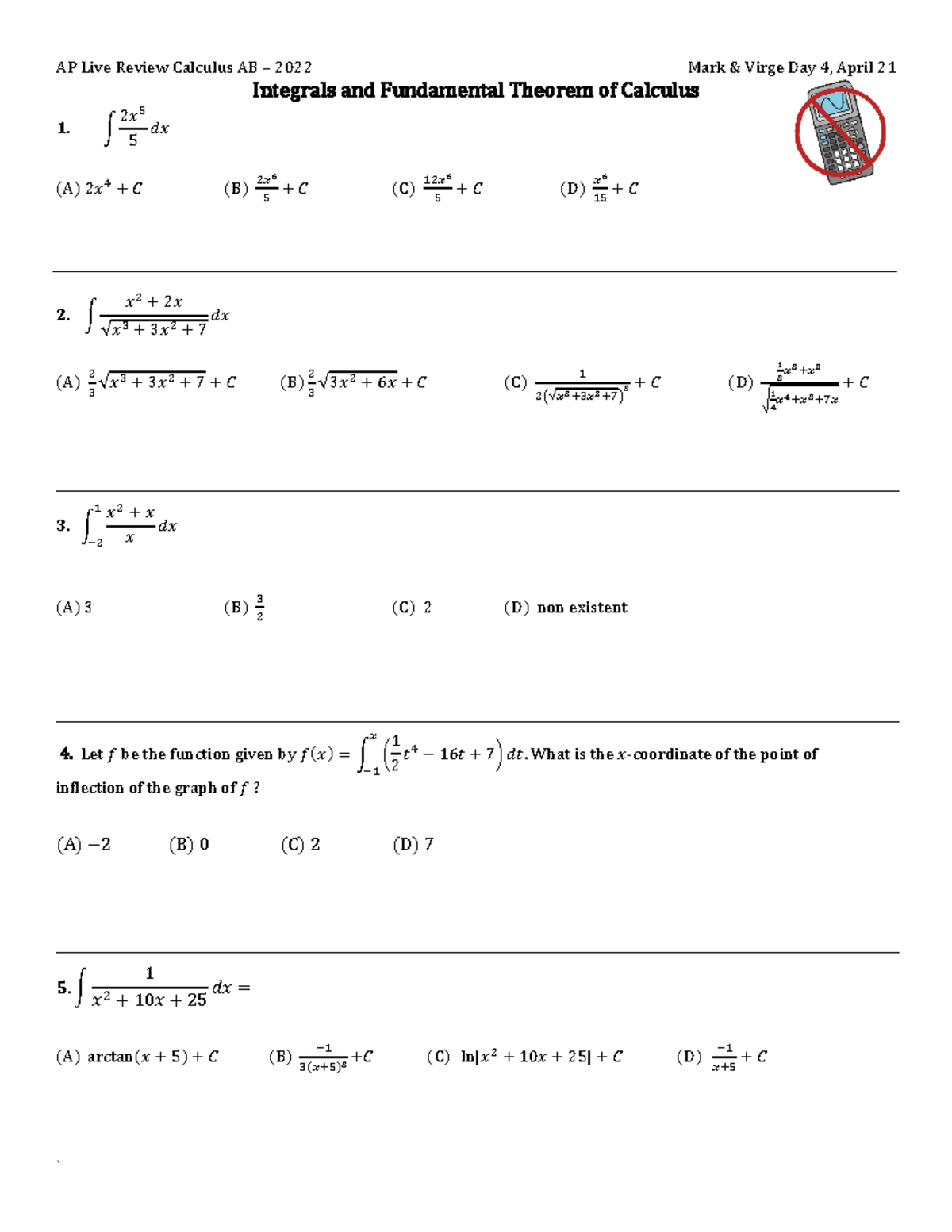 Calc AB - 2022 - Day 4 - April 21 Integrals and FTC - AP Live Review ...