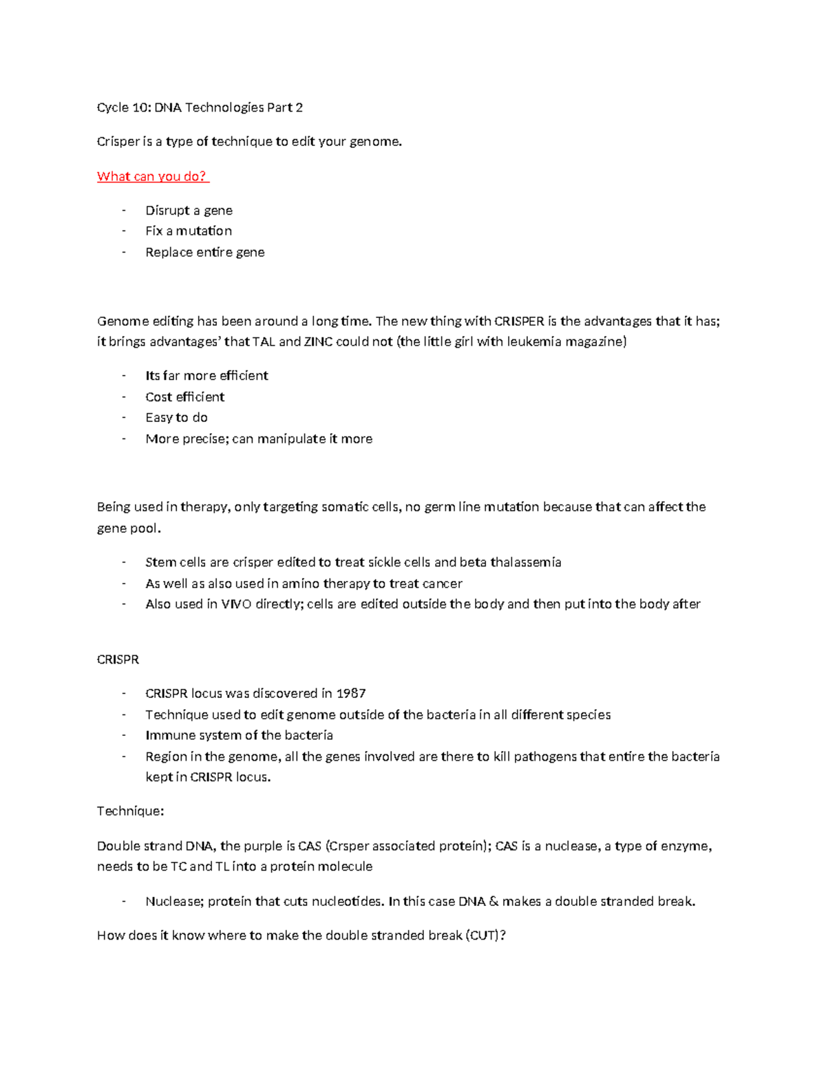 Cycle 10 PART 2 - notes - Cycle 10: DNA Technologies Part 2 Crisper is ...
