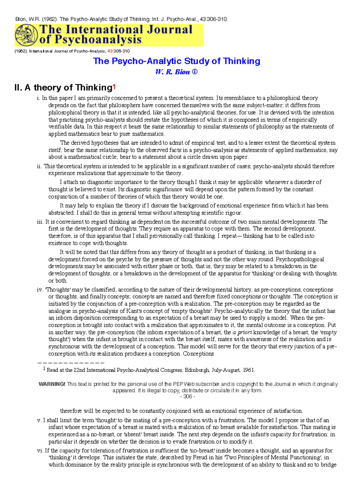 PEP Web The Psycho Analytic Study of Thinking - Bion, W. (1962). The ...