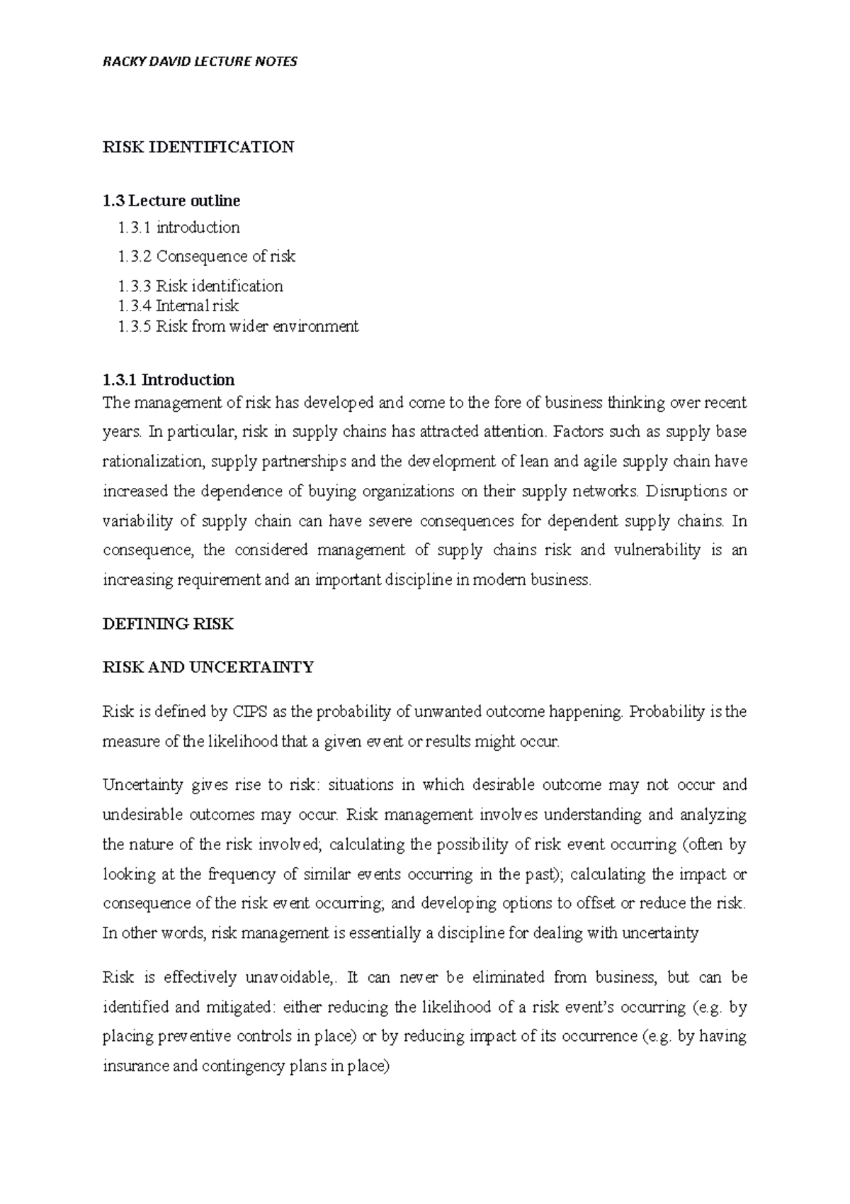 RISK MANAGEMENT - RISK IDENTIFICATION 1 Lecture outline 1.3 ...