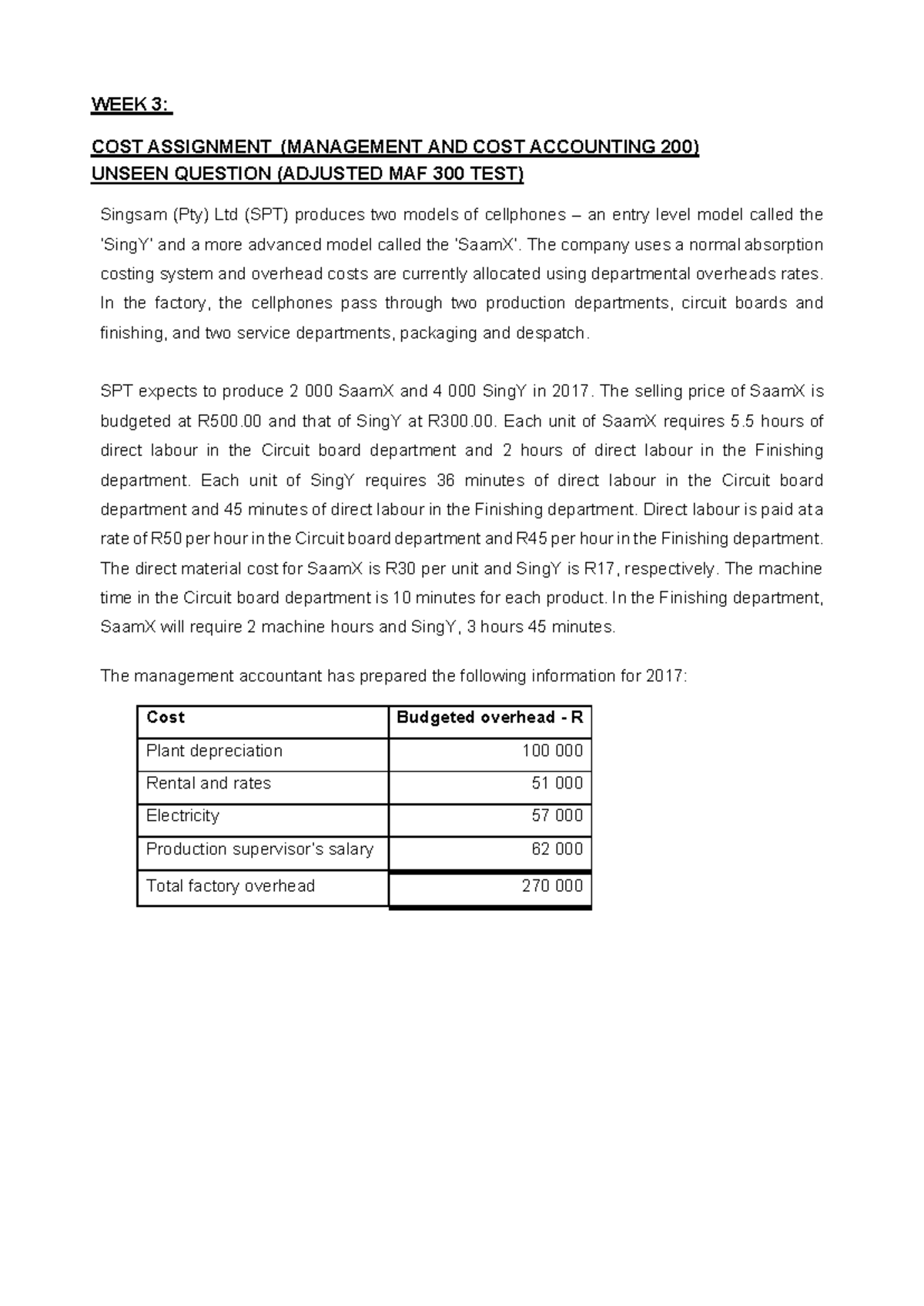 Unseen Question - week 3 2023 - WEEK 3: COST ASSIGNMENT (MANAGEMENT AND COST ACCOUNTING 200 ...