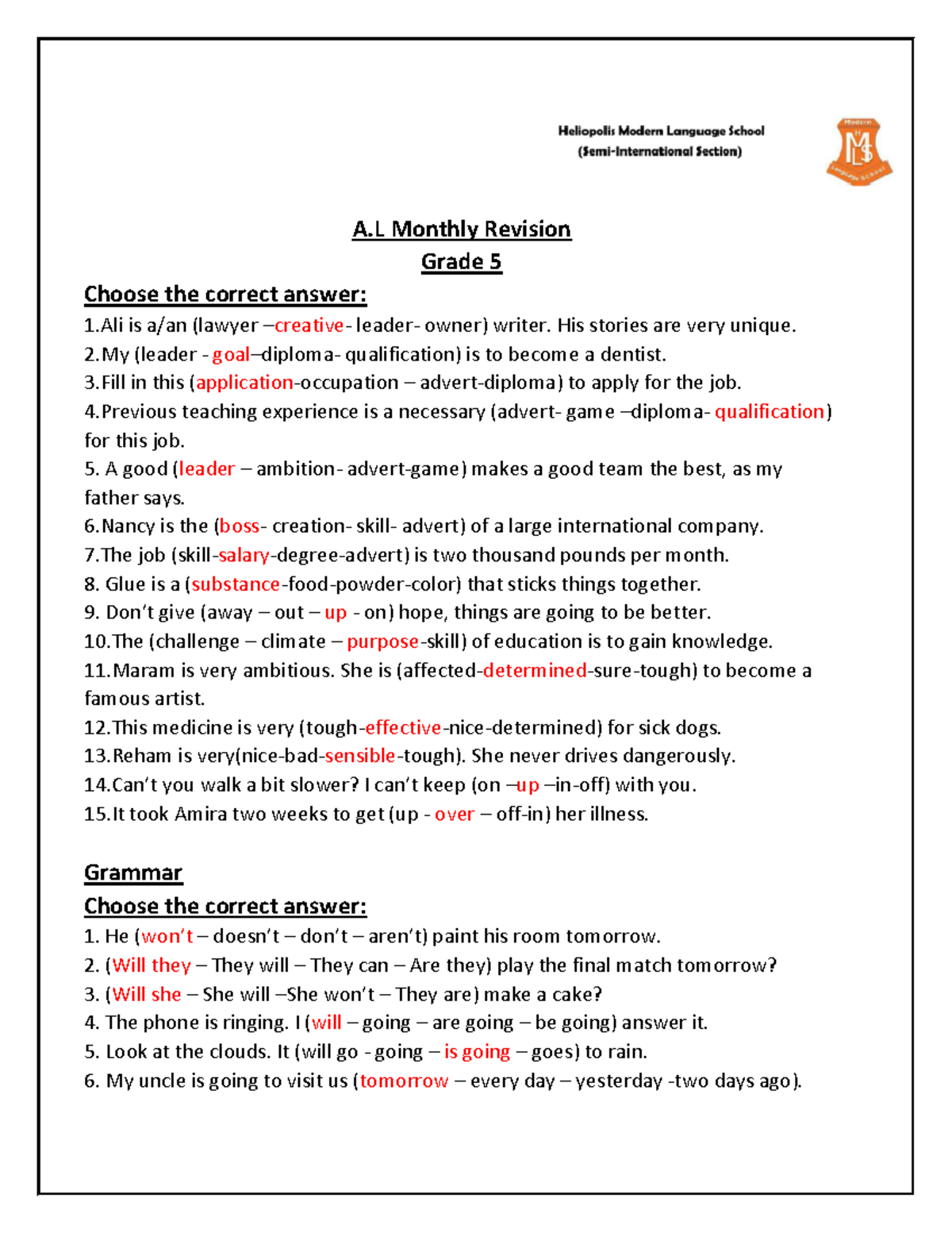 A.L revision model answer - A Monthly Revision Grade 5 Choose the ...