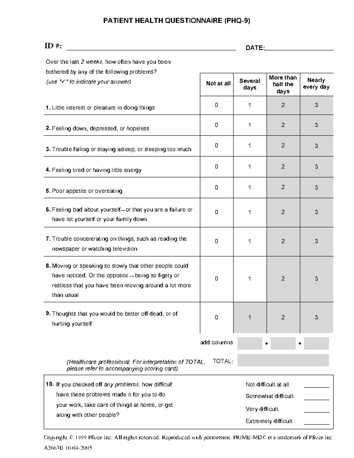 PHQ9 id date 08 - PHQ Depression scale - PATIENT HEALTH QUESTIONNAIRE ...