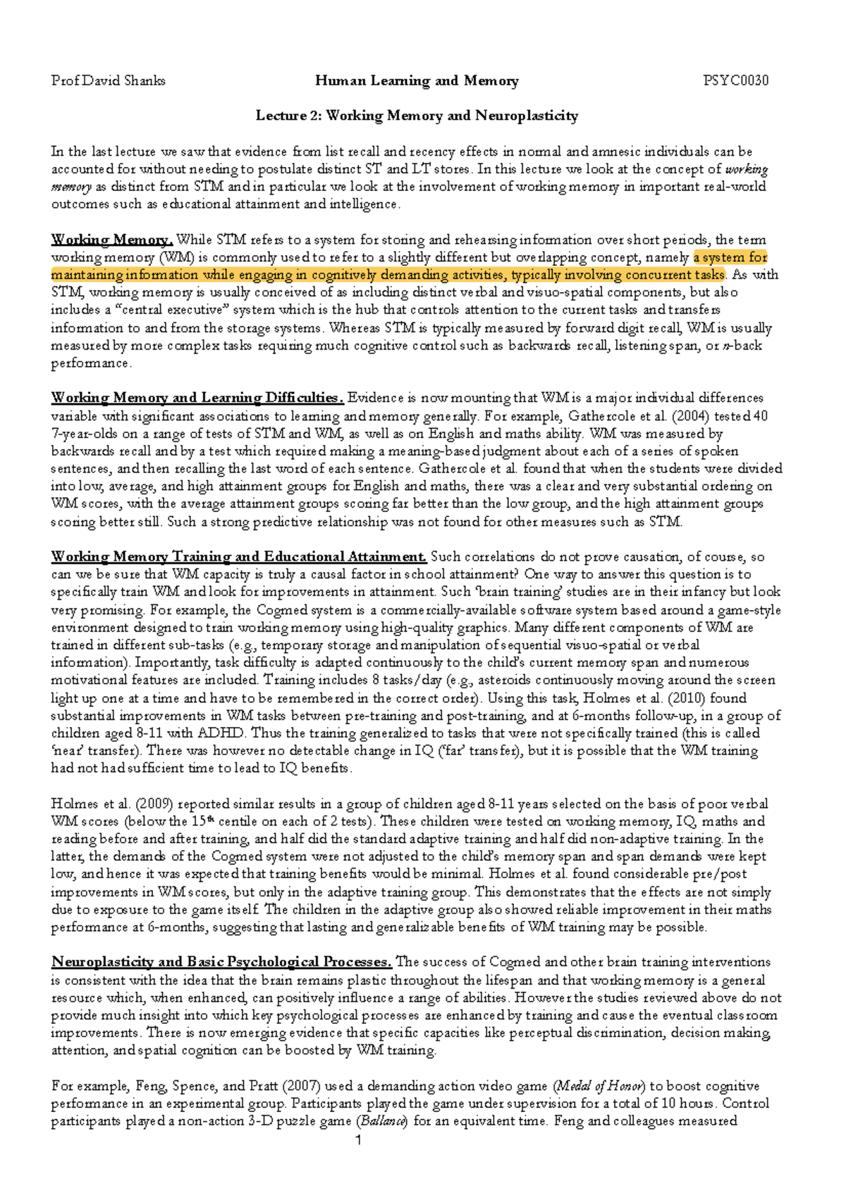 Lecture 2 Notes 1 Prof David Shanks Human Learning And Memory Psyc Lecture 2 Working Memory