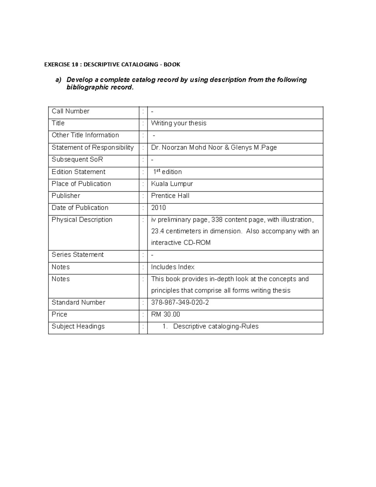 Exercise 10 (3) - EXERCISE 10 : DESCRIPTIVE CATALOGING - BOOK a ...