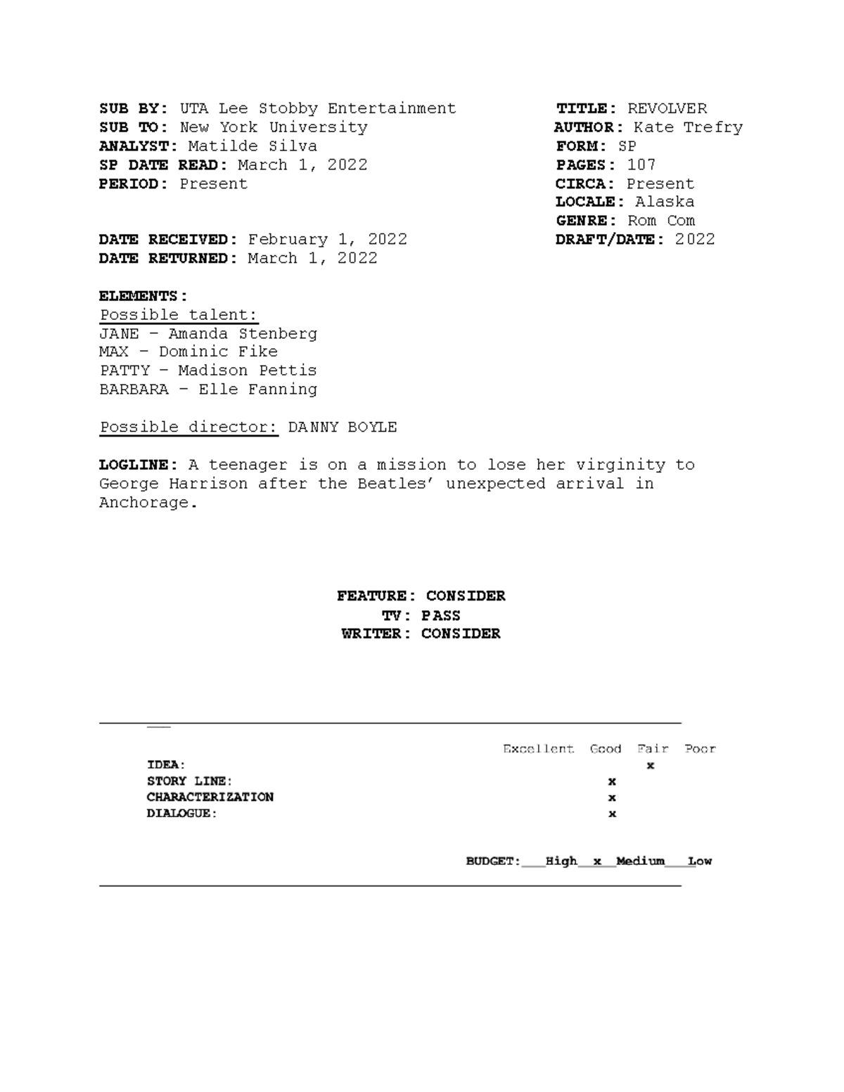 Script Coverage Sample - SUB BY: UTA Lee Stobby Entertainment TITLE ...