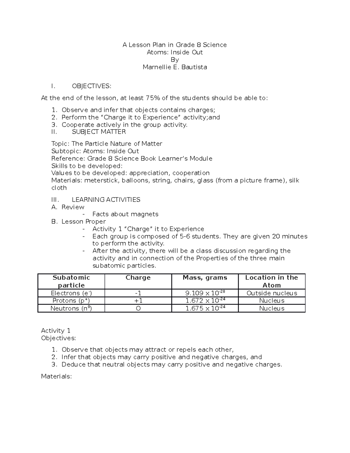 Toaz - Science - A Lesson Plan in Grade 8 Science Atoms: Inside Out By ...