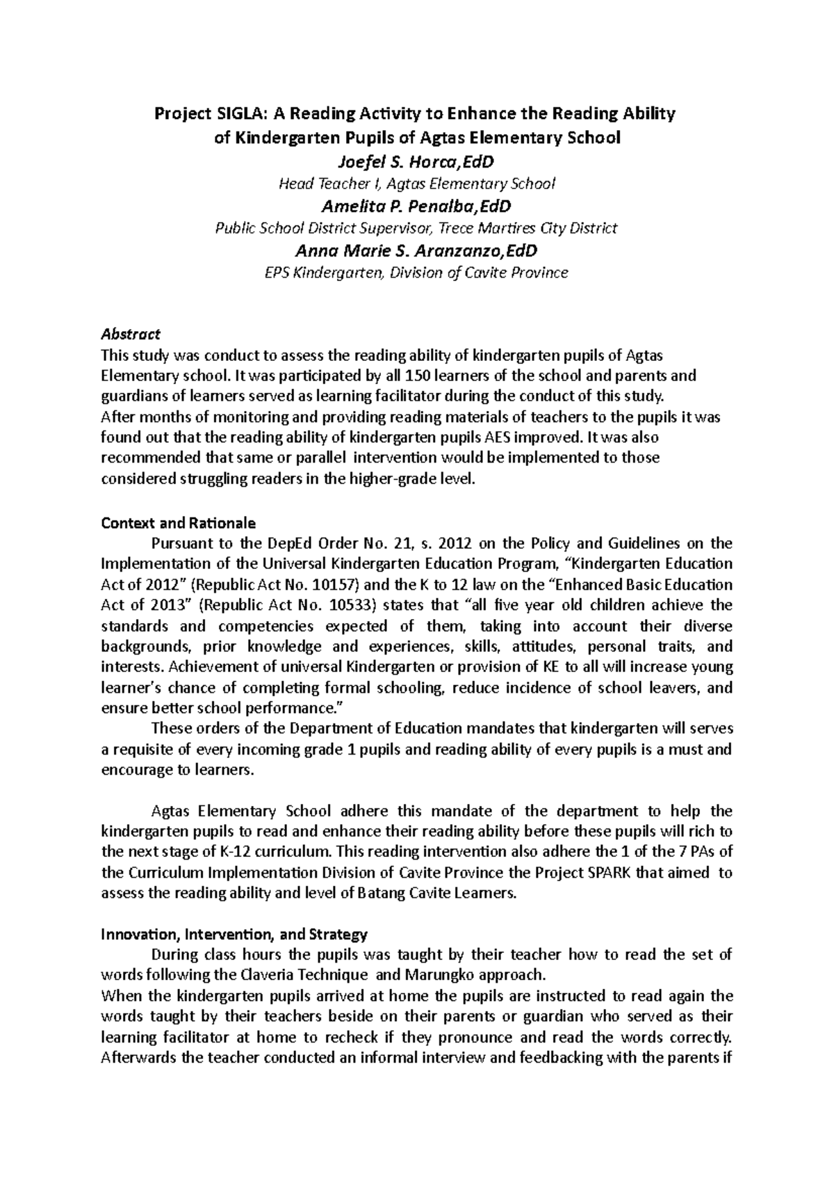 Project Sigla A Reading Activity to Enha - Project SIGLA: A Reading ...
