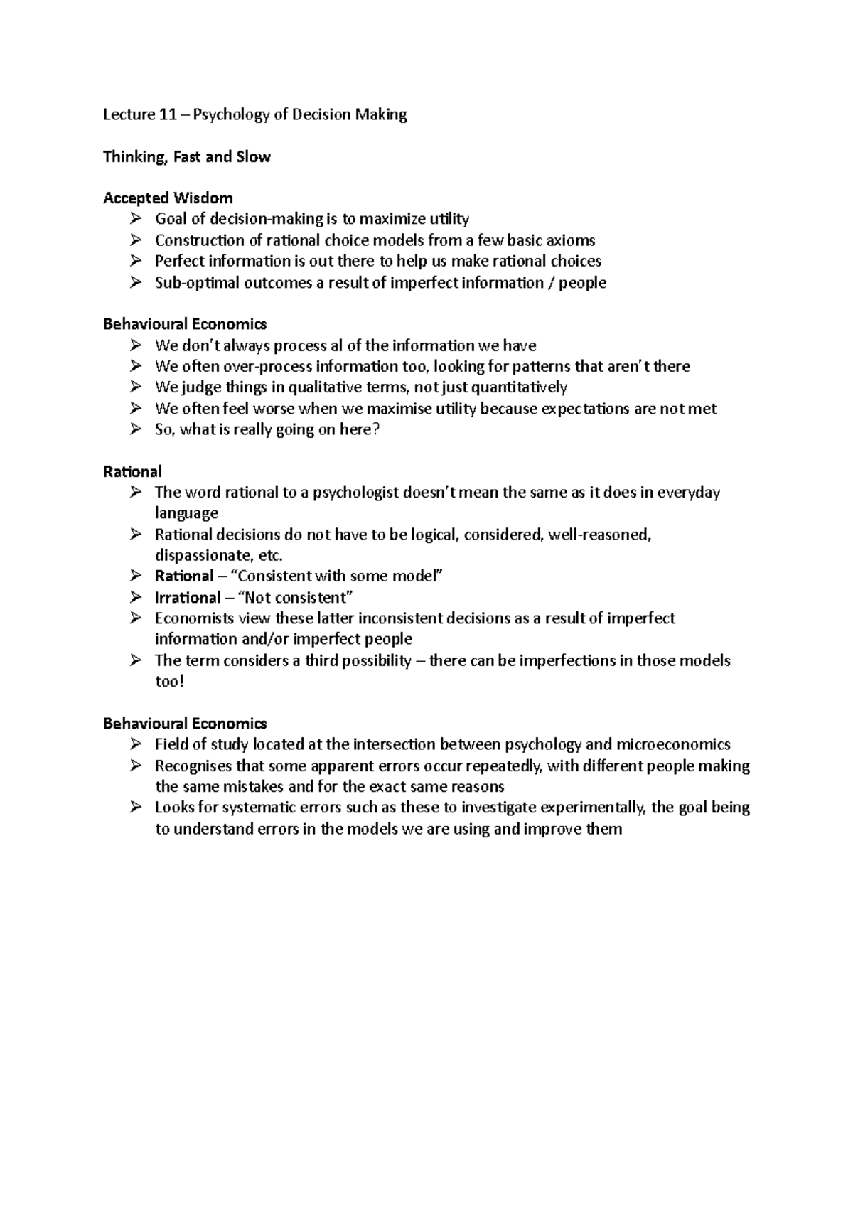 Lecture 11 - Psychology - Lecture 11 – Psychology of Decision Making ...