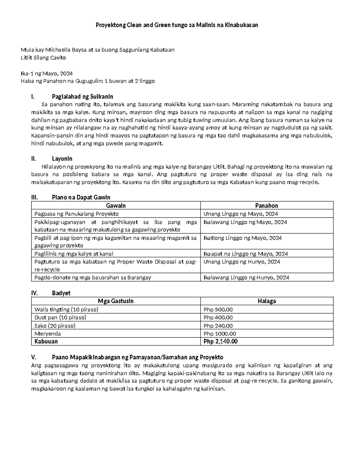 Proposal - this will help in FPL subject during SHS - Proyektong Clean ...