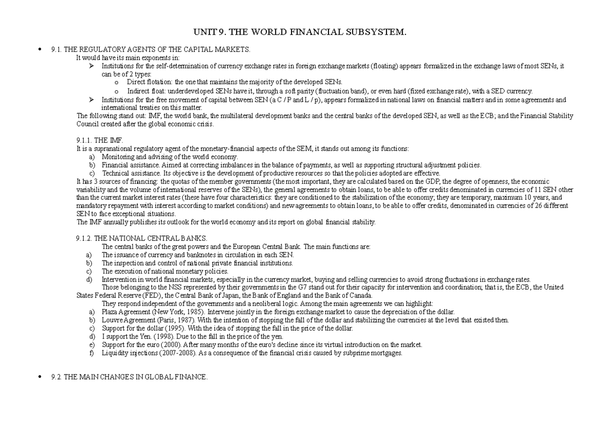 Unit 5 Labor Economics - Lecture notes 5 - UNIT 9. THE WORLD FINANCIAL ...