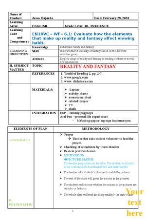 Lesson Plan for Grade 10 - LESSON PLAN IN ENGLISH 10 Fourth Quarter ...