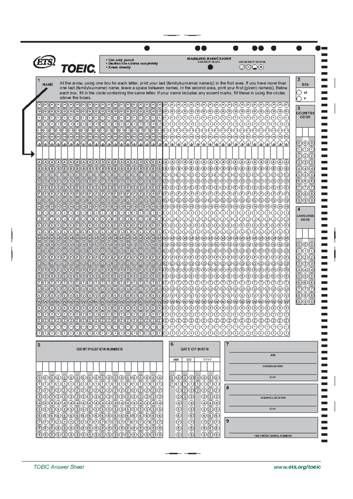 Toeic answer sheet - 9999 - ets/toeic A B C D E F G H I J K L M N O P Q ...