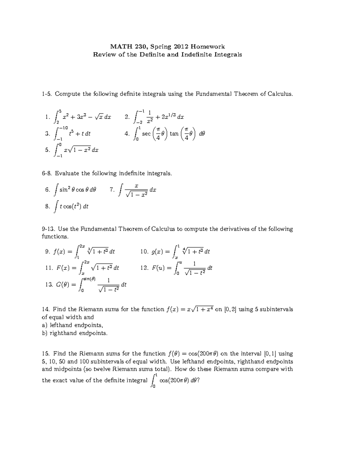 Integralreview hwk - MATH 230, Spring 2012 Homework Review of the ...