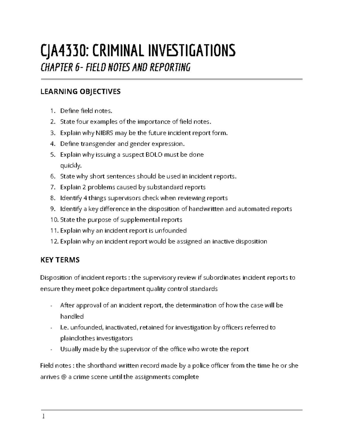 CJA3440 summary 6 - Criminal Investigation - CJA4330: CRIMINAL ...