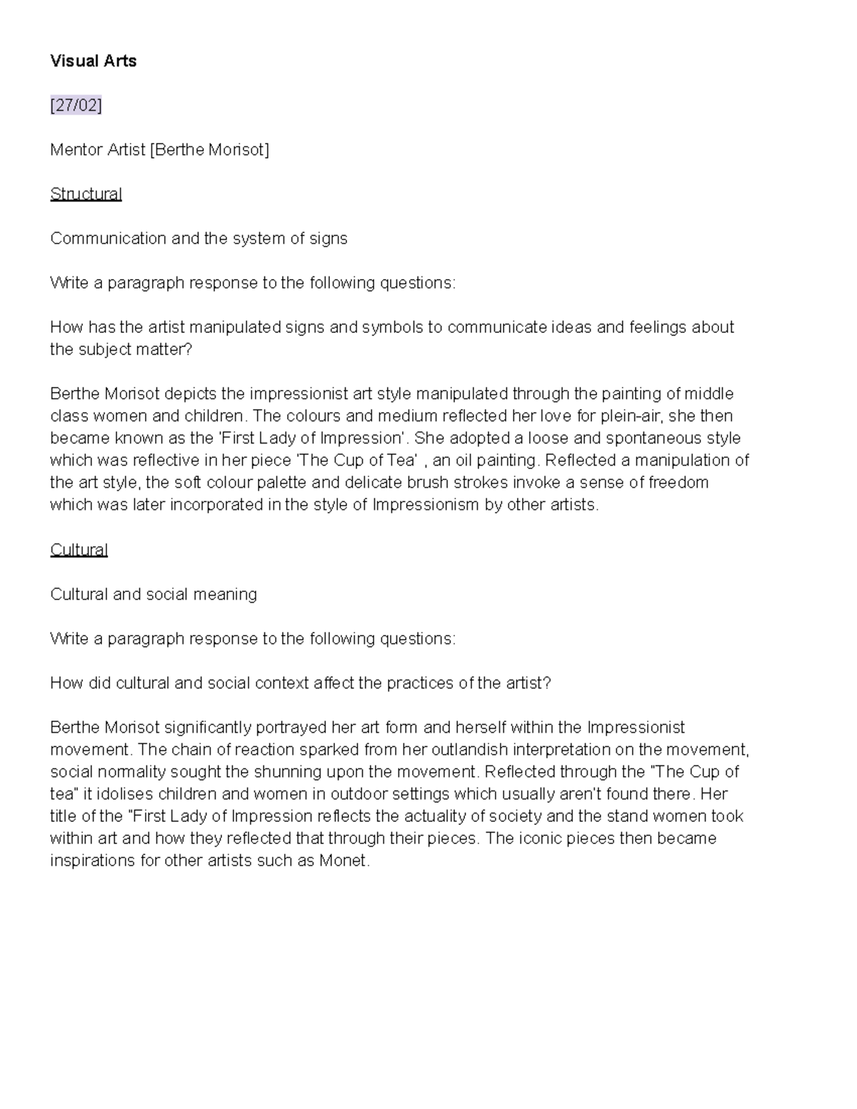 Visual arts[notes] - year 11 study notes - Visual Arts [27/02] Mentor ...