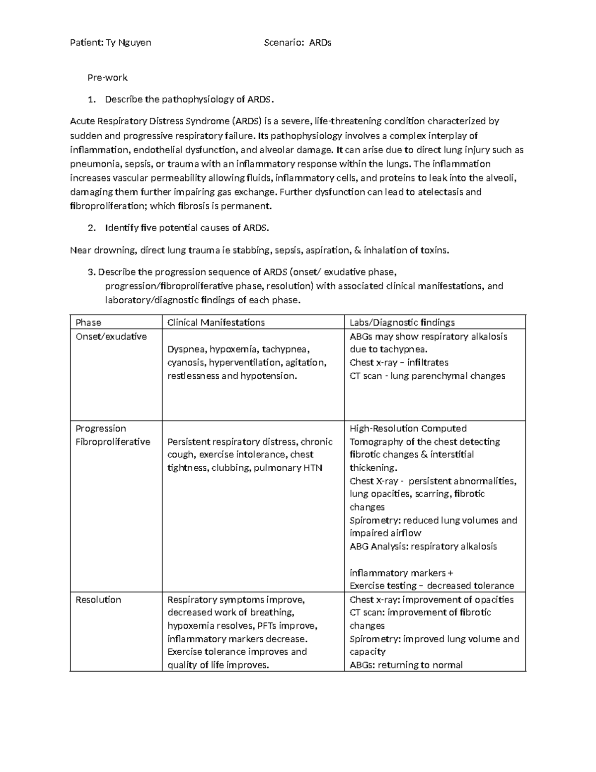 Simulation pre-work Acute Respiratory Distress - Pre-work Describe the ...