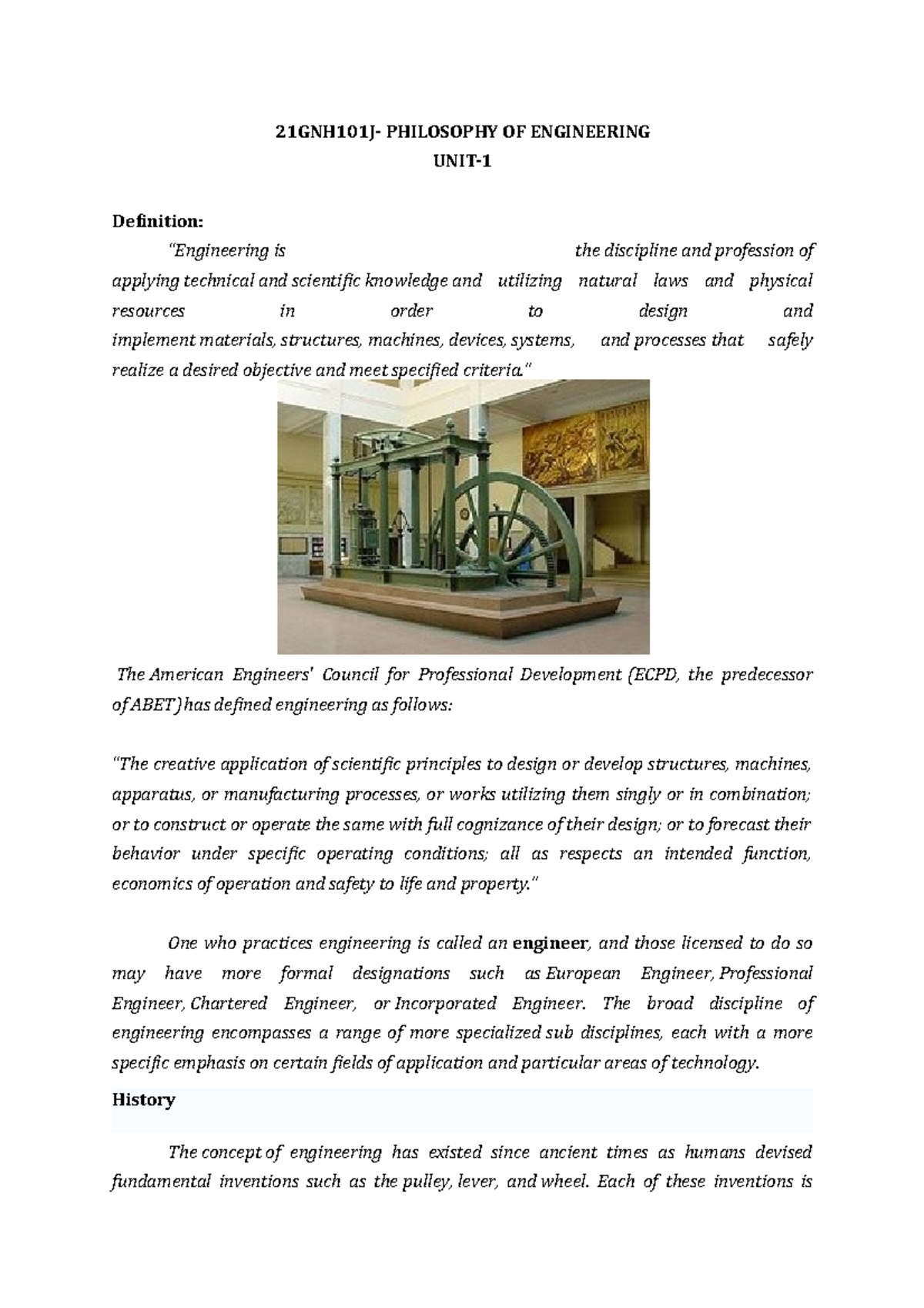 UNIT-I - notes - 21GNH101J- PHILOSOPHY OF ENGINEERING UNIT- Definition ...