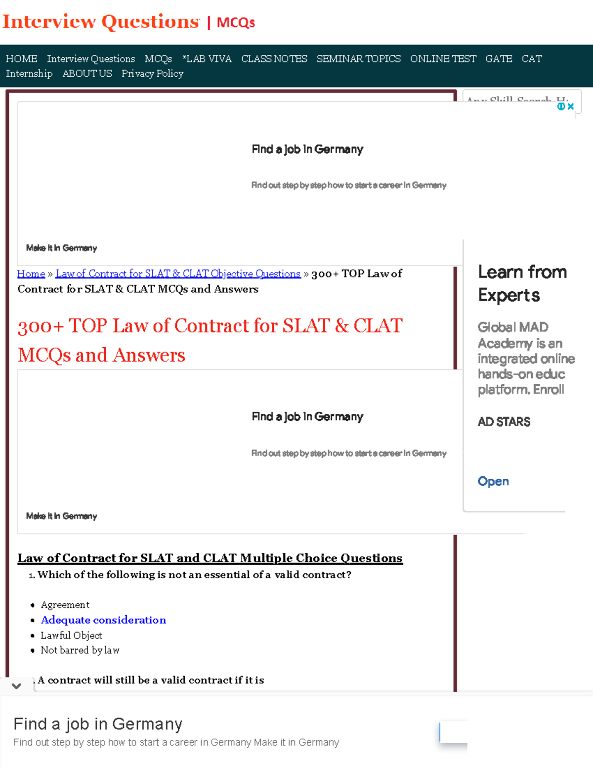 300+ TOP Law of Contract for SLAT & CLAT MCQs and Answers ...
