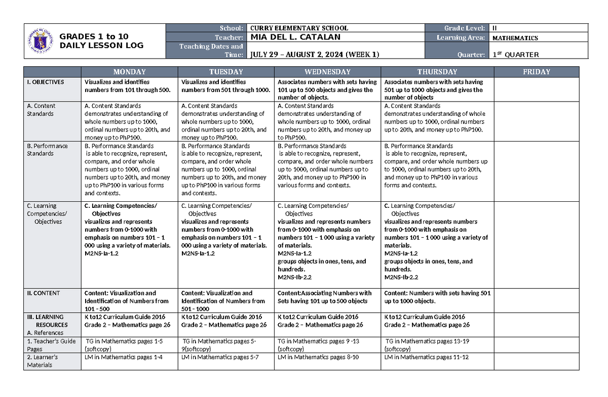 DLL MATH 2 Q1 W1 - This file is supported - GRADES 1 to 10 DAILY LESSON ...