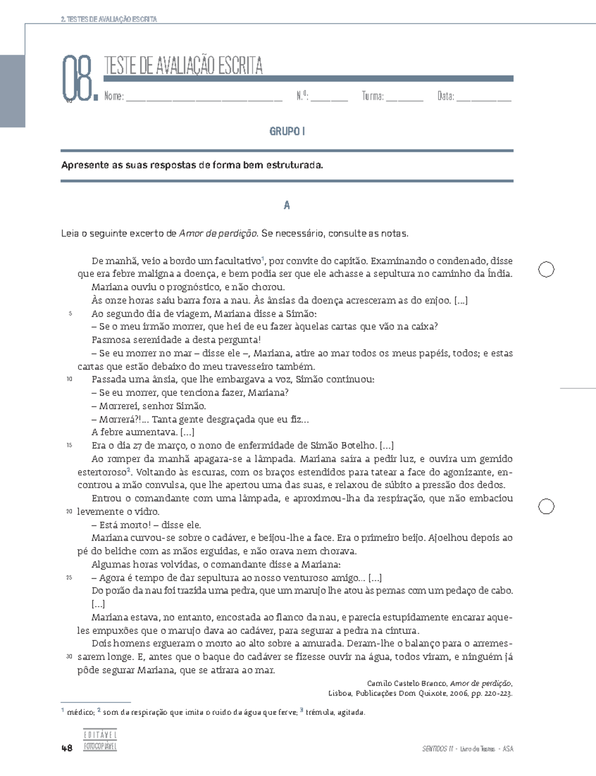 Teste de avaliação 8- Sentidos 11 - 48 SENTIDOS 11 • Livro de Testes ...