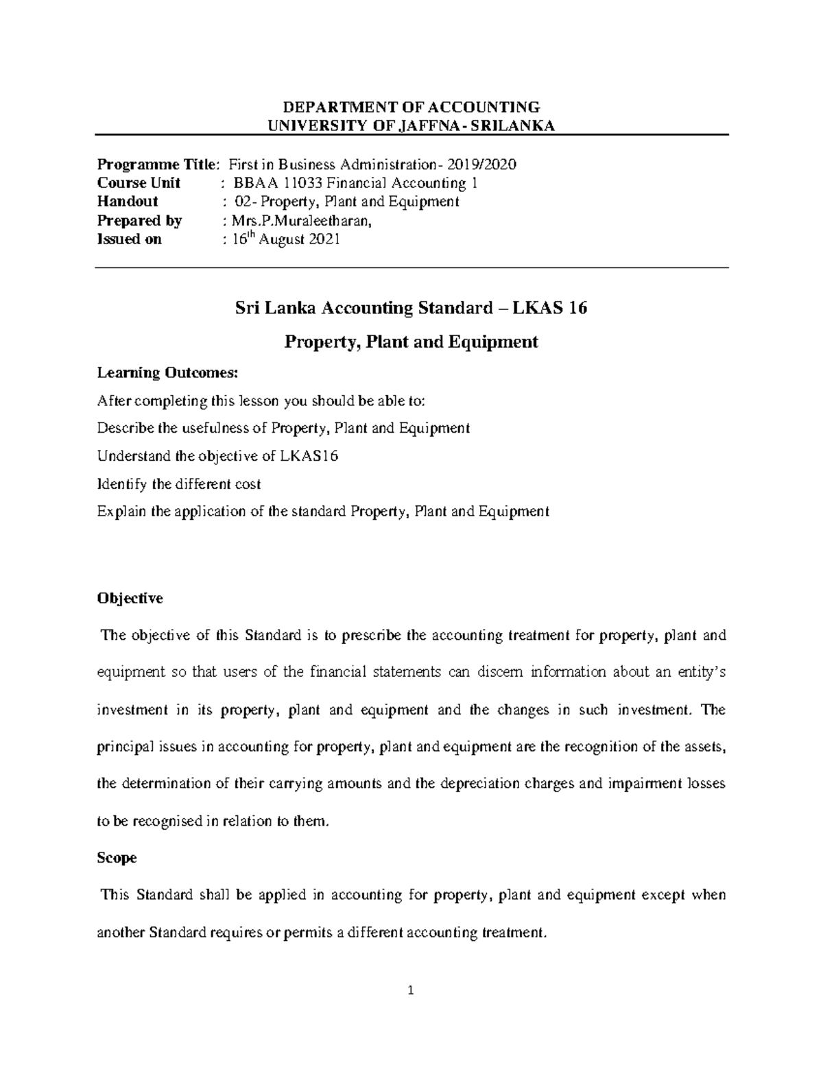 Hand out 2 Sri Lanka Accounting Standard 16 - DEPARTMENT OF ACCOUNTING ...