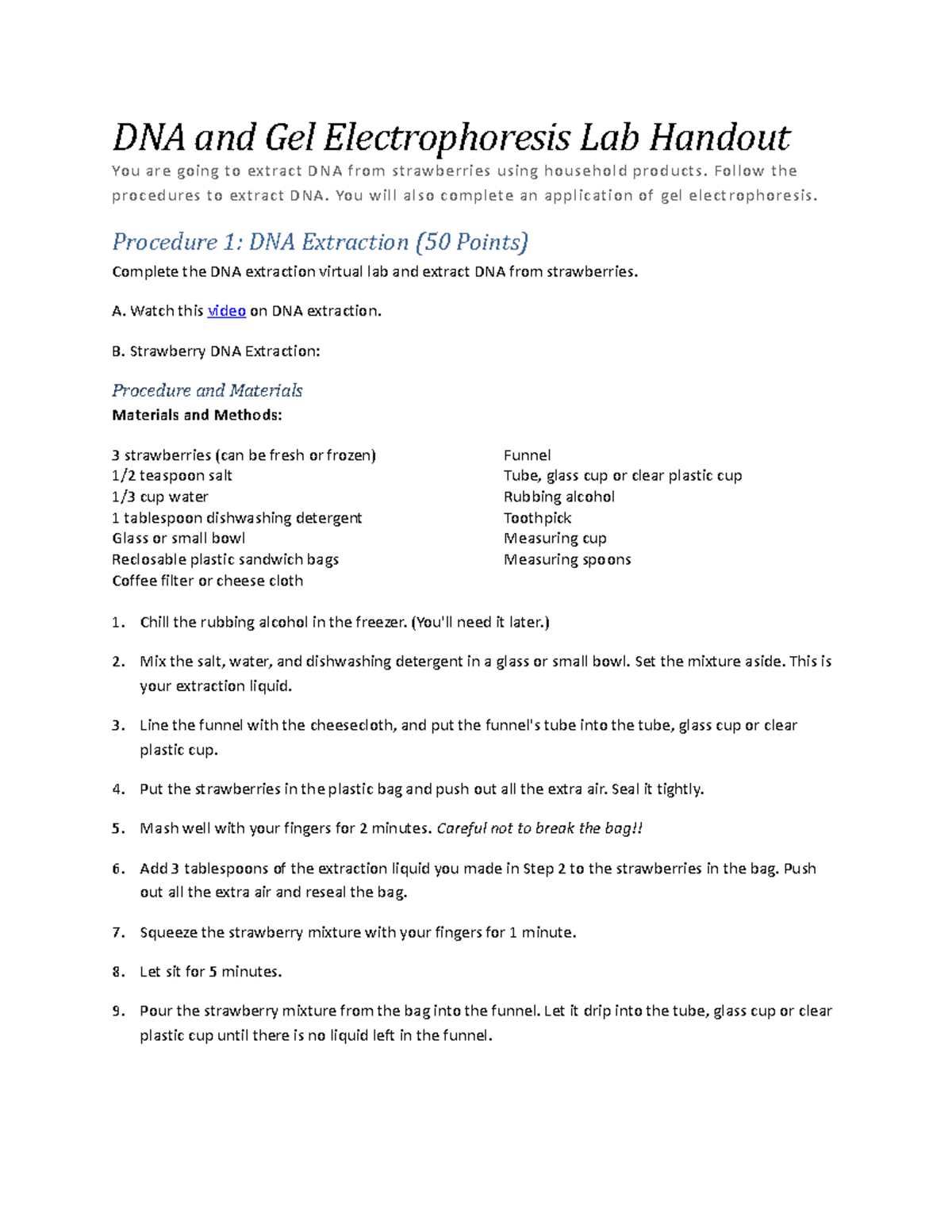 DNA and Gel Electrophoresis Lab Handout - Follow the procedures to ...