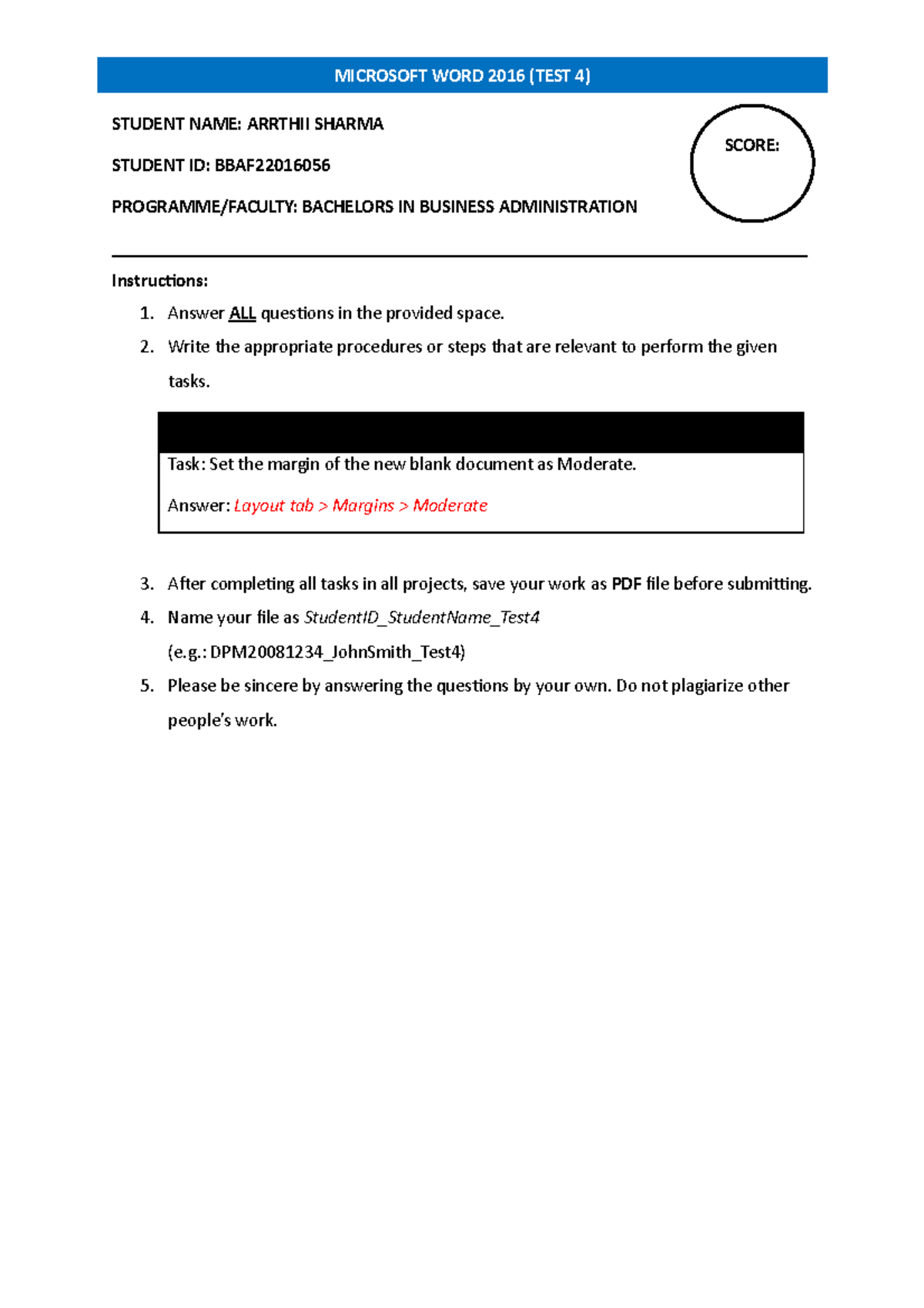 77-725 MS WORD TEST 4 - PRIDE LESSONS - STUDENT NAME: ARRTHII SHARMA ...