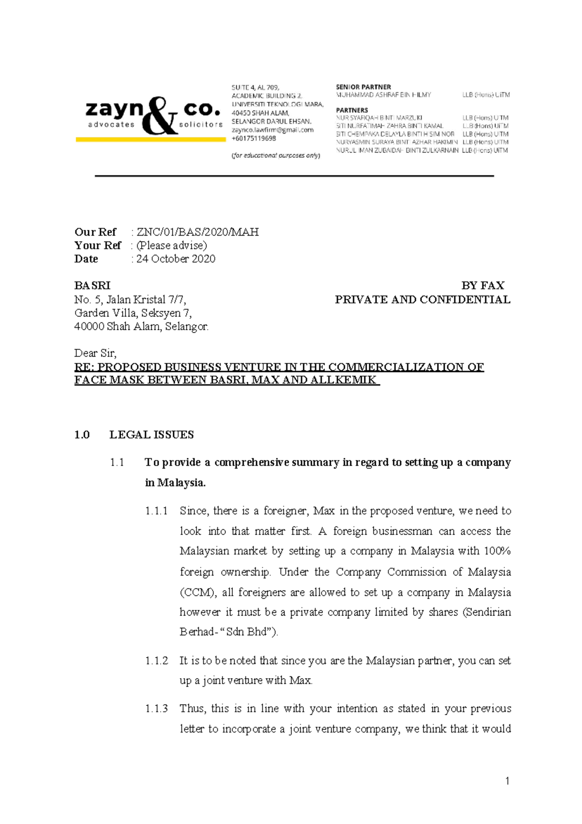 Letter of Advice for Joint Venture - Our Ref : ZNC/01/BAS/2020/MAH Your ...