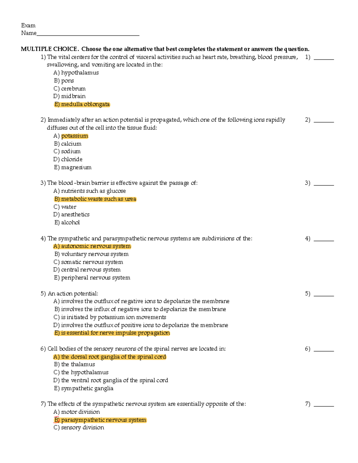 Anatomy test bank nervous system 230214 204457 - Exam Name