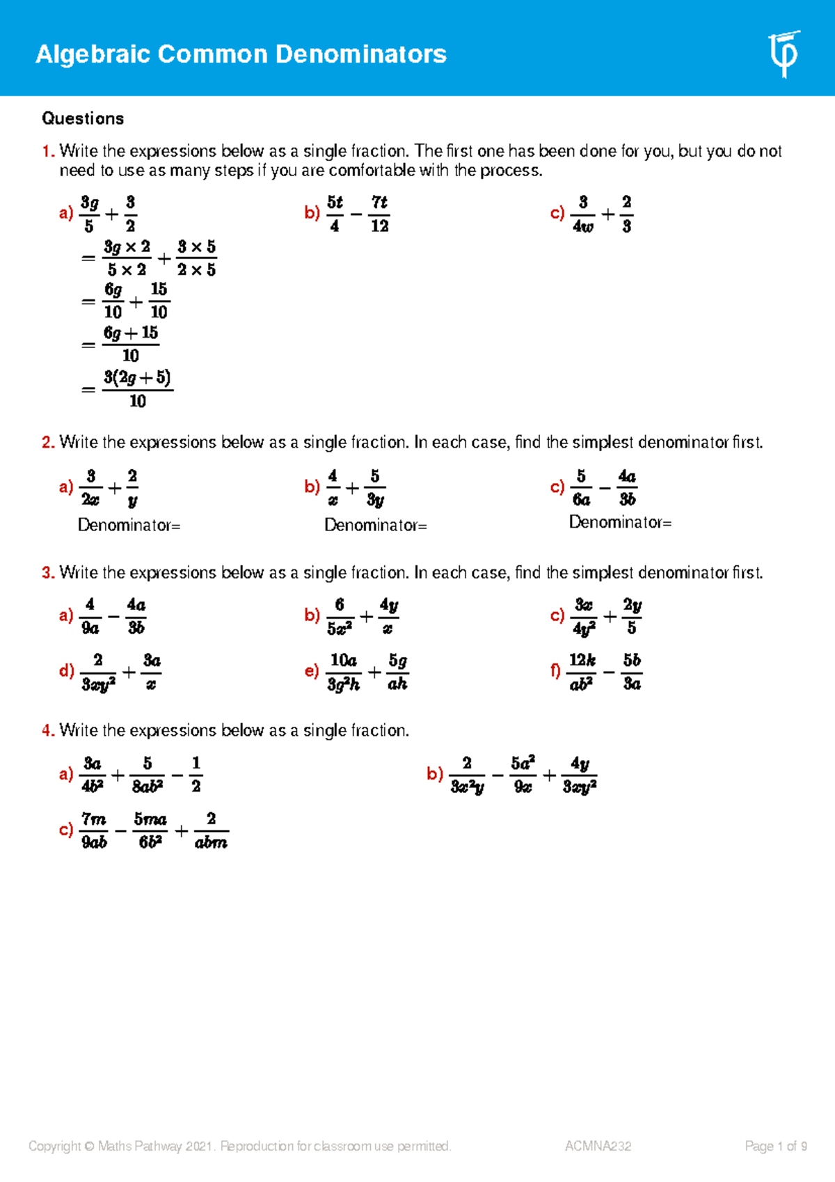Algebraic Common Denominators Questions 1 Write The Expressions algebraic-common-denominators-questions-1-write-the-expressions