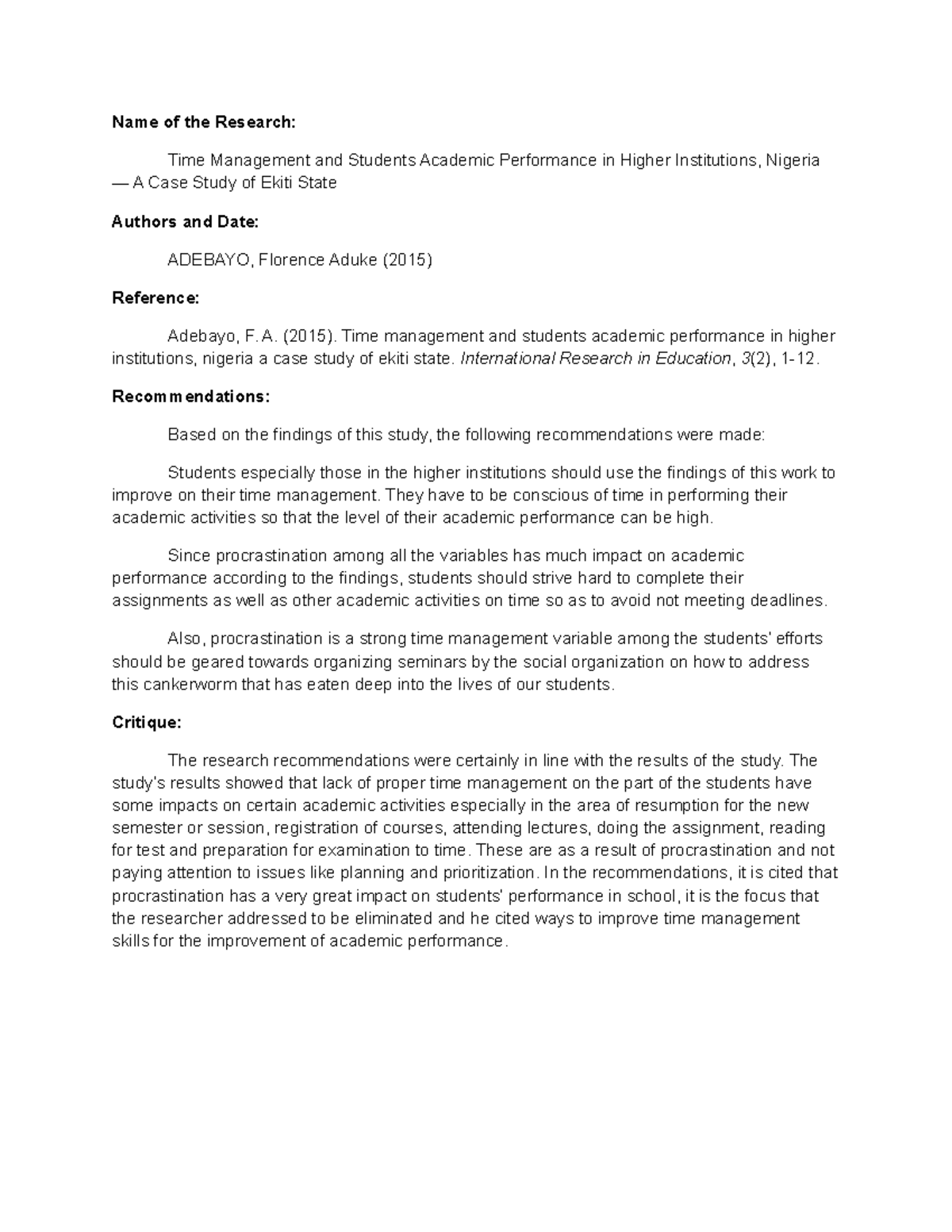 Additional Activity - Recommendations - Name of the Research: Time ...