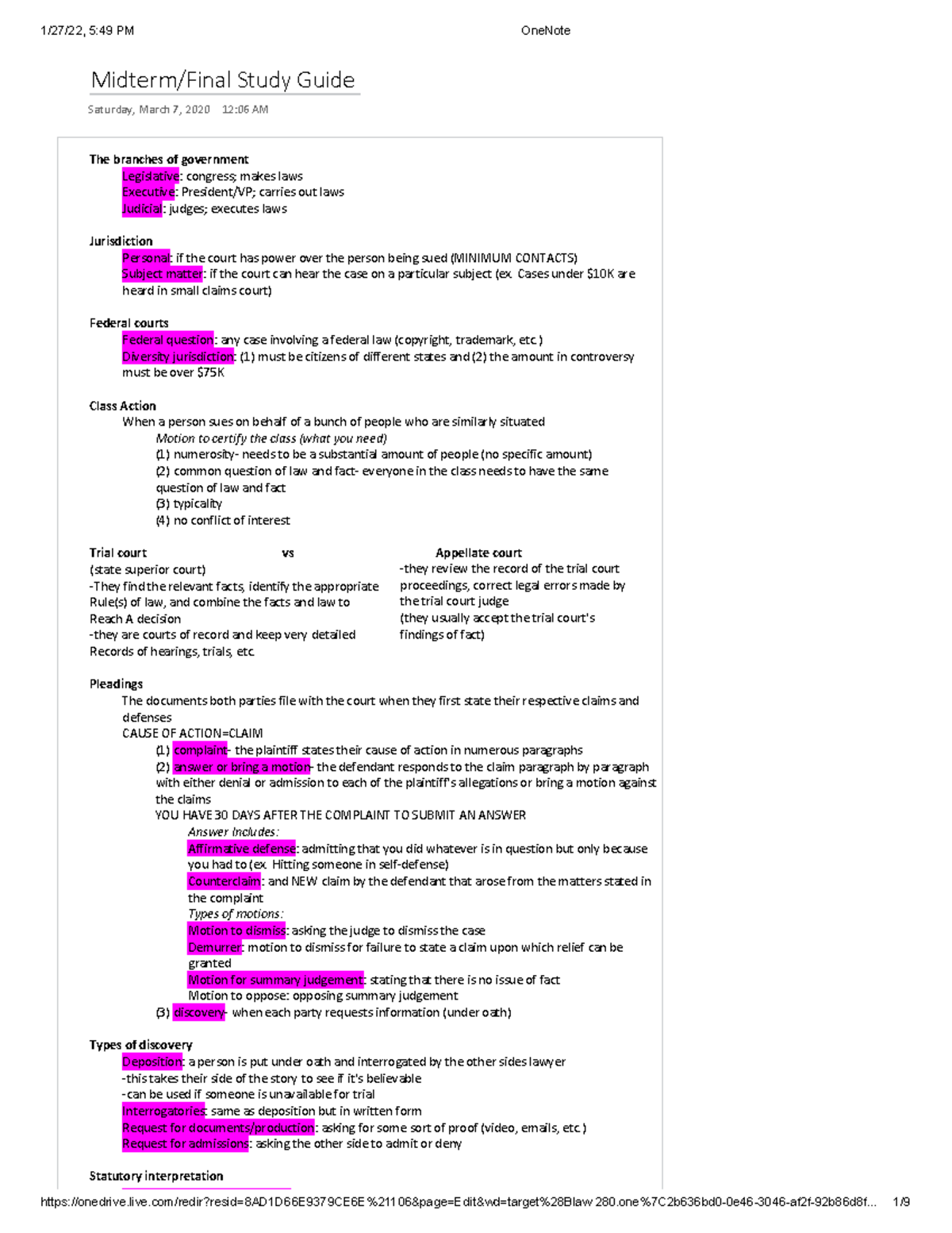 Exam study guide - Midterm/Final Study Guide Saturday, March 7, 2020 12 ...
