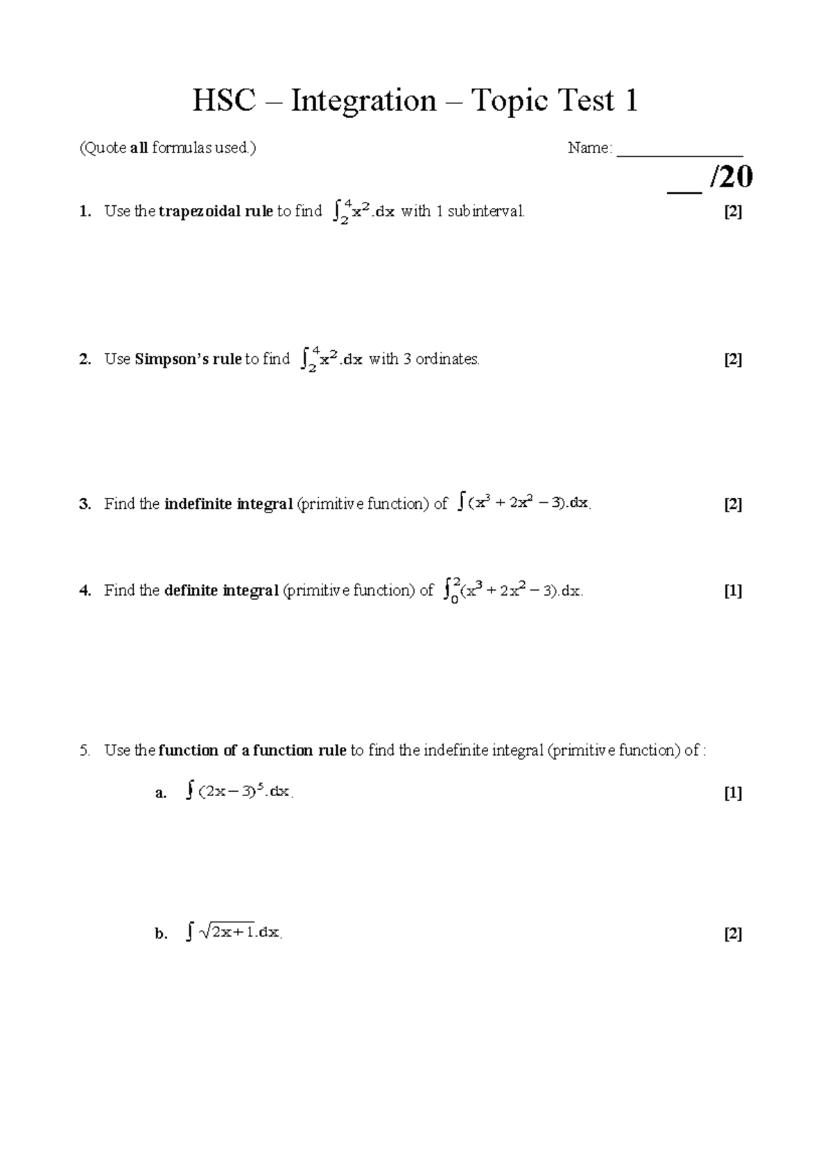 Topic Test - Integration - HSC – Integration – Topic Test 1 (Quote all ...
