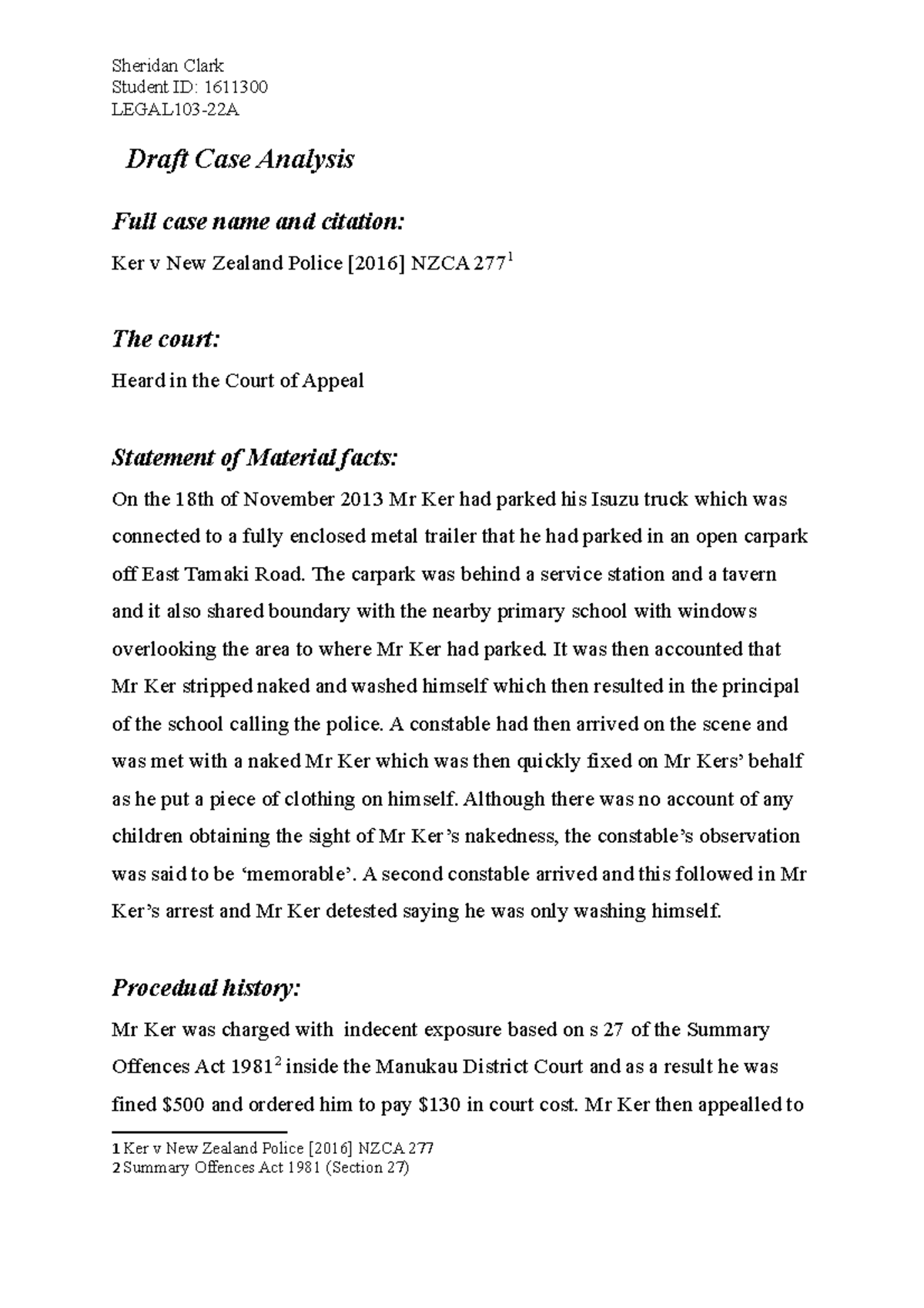 LEGAL103 CASE Analysis ( Draft) - Student ID: 1611300 LEGAL103-22A ...