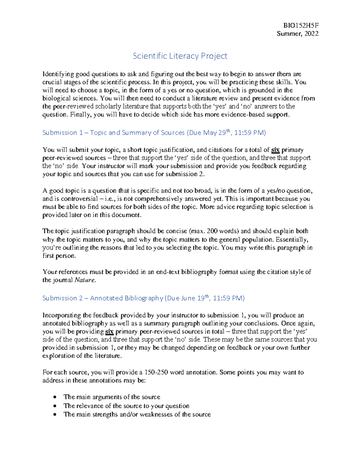 SLP Overview - BIO152H5F Summer, 2022 Scientific Literacy Project ...